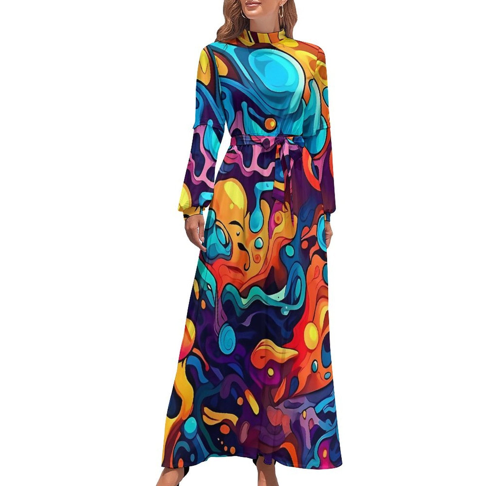 Graffiti Colorful Print Dress High Neck Graphic Beach Dresses Long ...