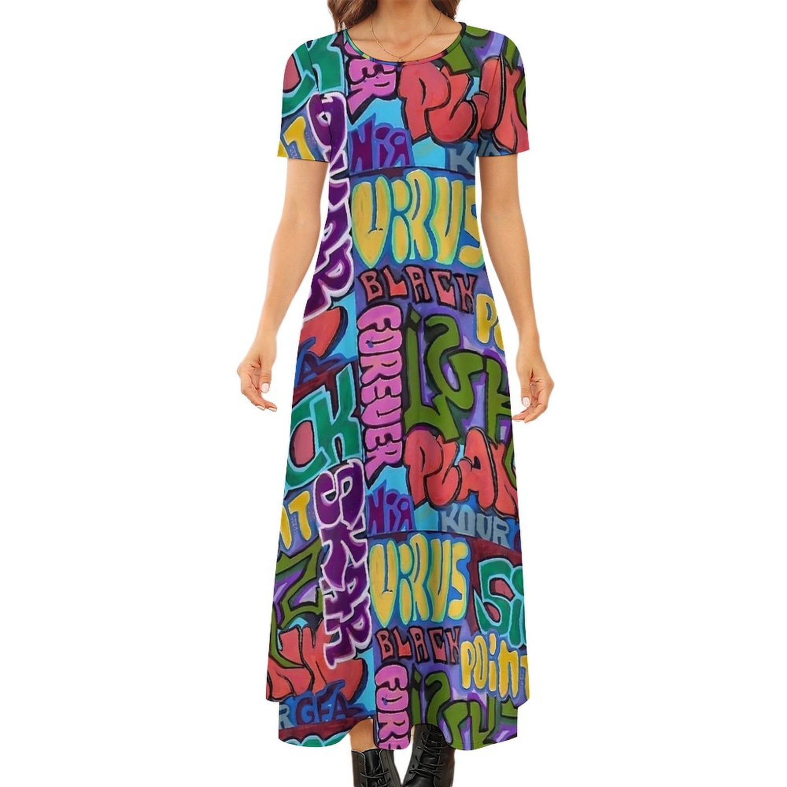 Graffiti Colorful Print Dress Streetwear Bohemia Long Dresses Woman ...