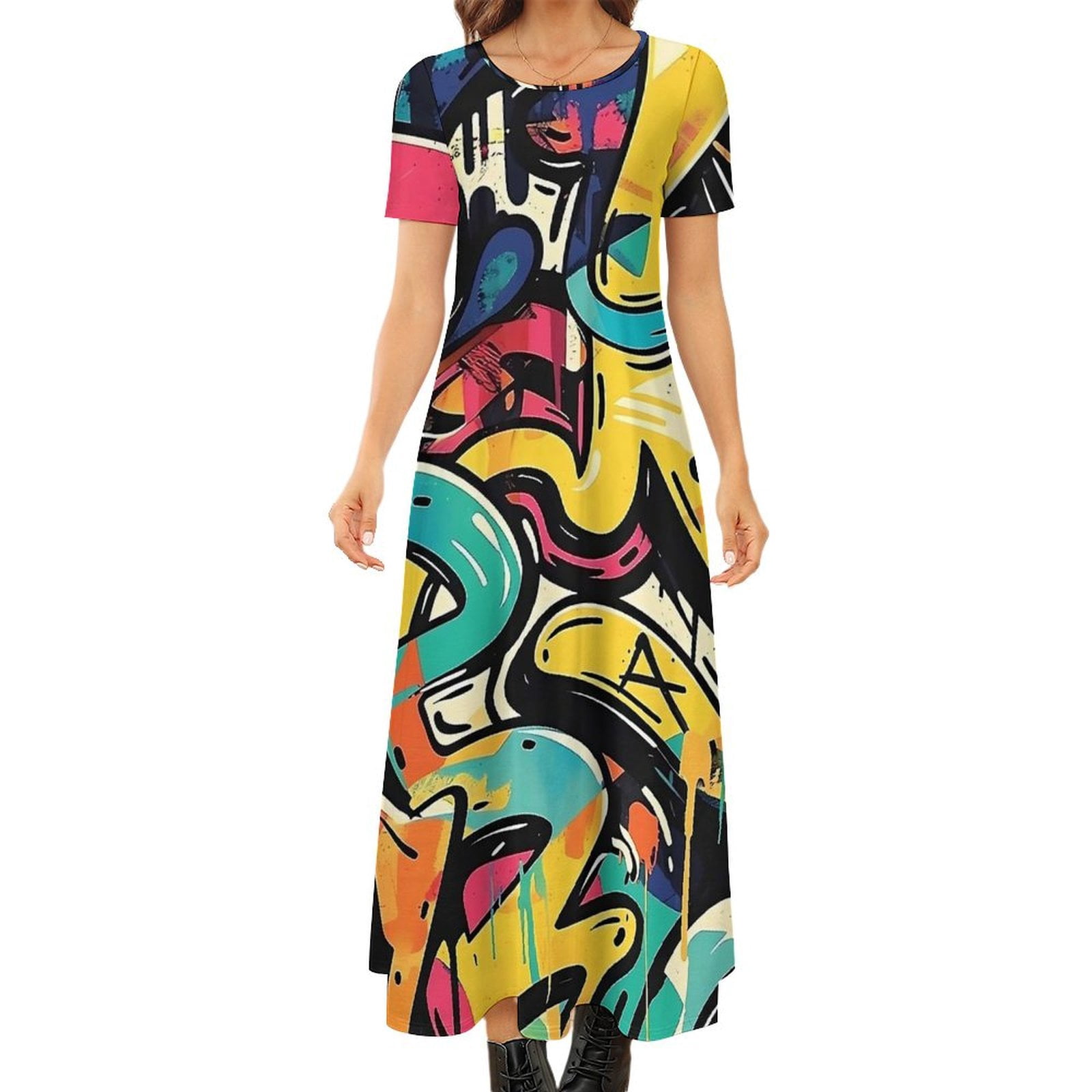 Graffiti Colorful Print Dress Streetwear Bohemia Long Dresses Woman ...