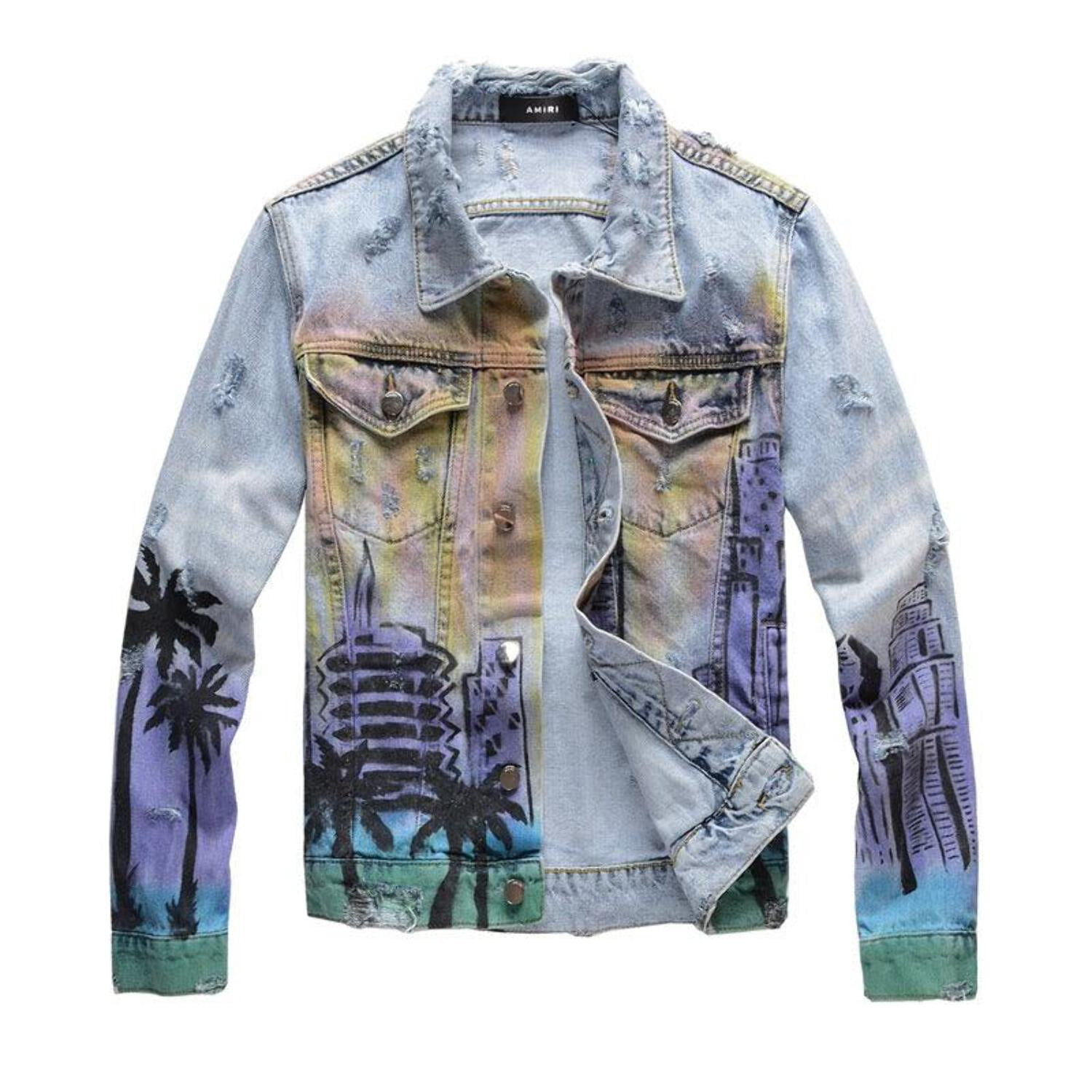Graffiti Digital Print Slim Jacket Men Trendy Punk Denim Jacket ...