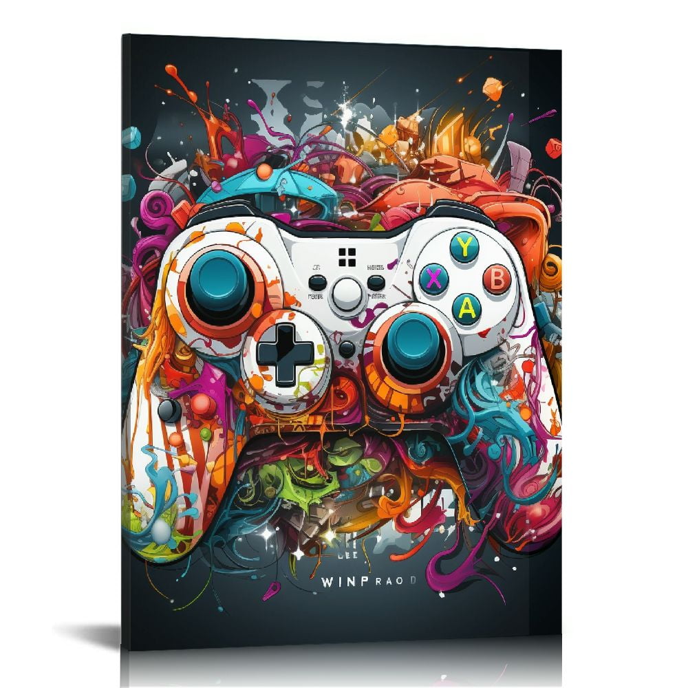 Graffiti Framed Canvas Wall Art Set, Gamer Room Wall Decor, Black Video ...