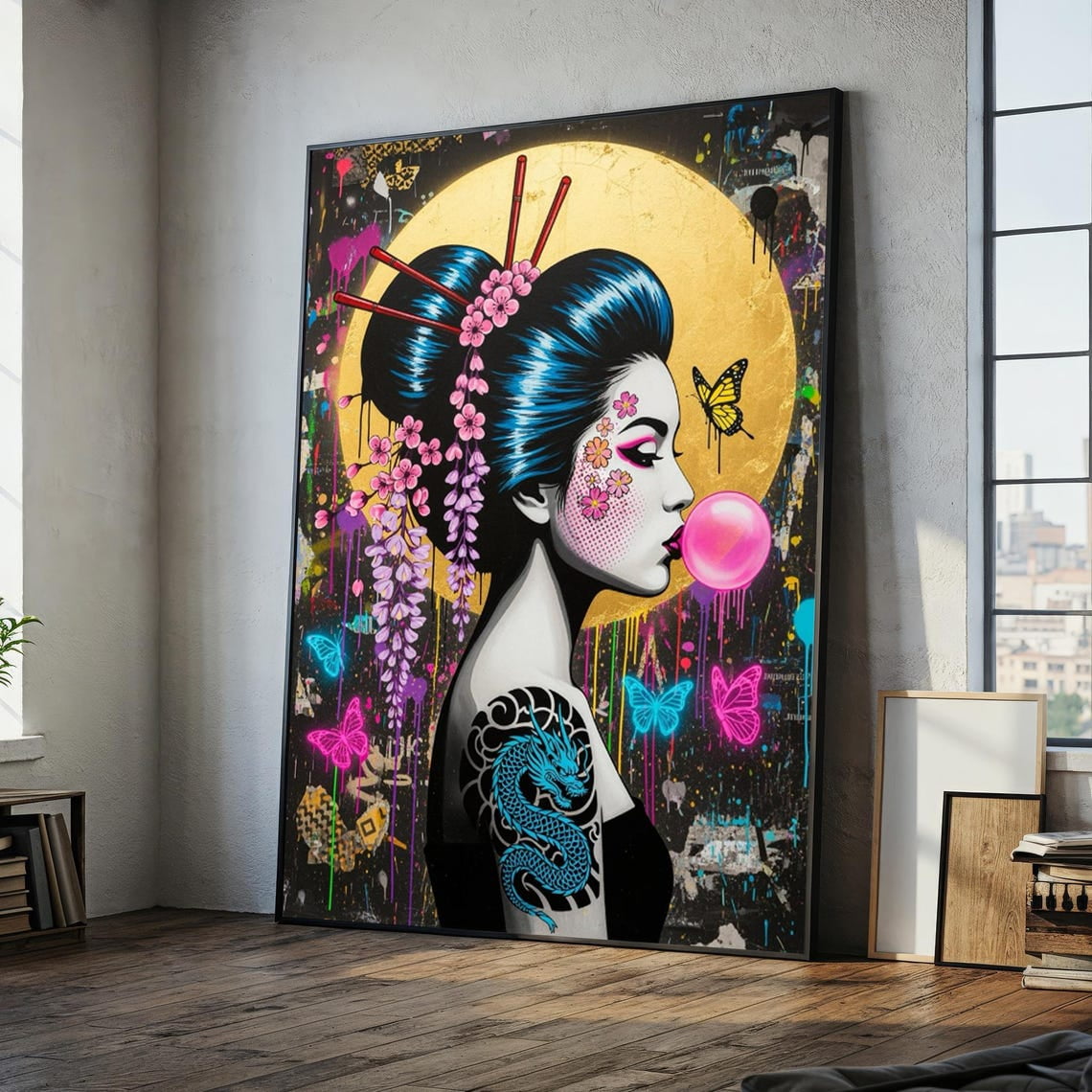 Graffiti Geisha Canvas Wall Art, Japanese Pop Art Painting With Dragon ...