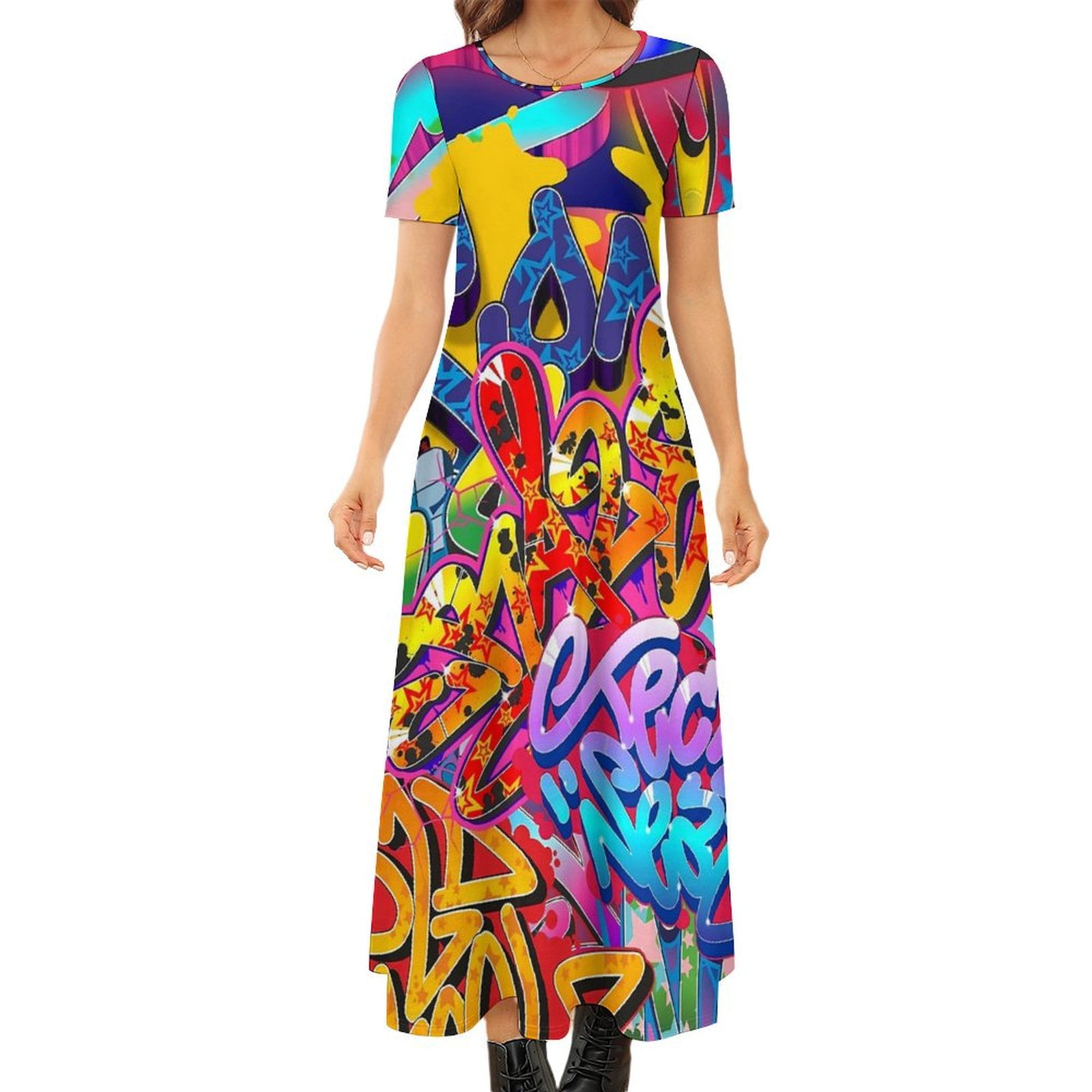 Graffiti Inspired Dress Colorful Letter Print Retro Maxi Dress Street ...