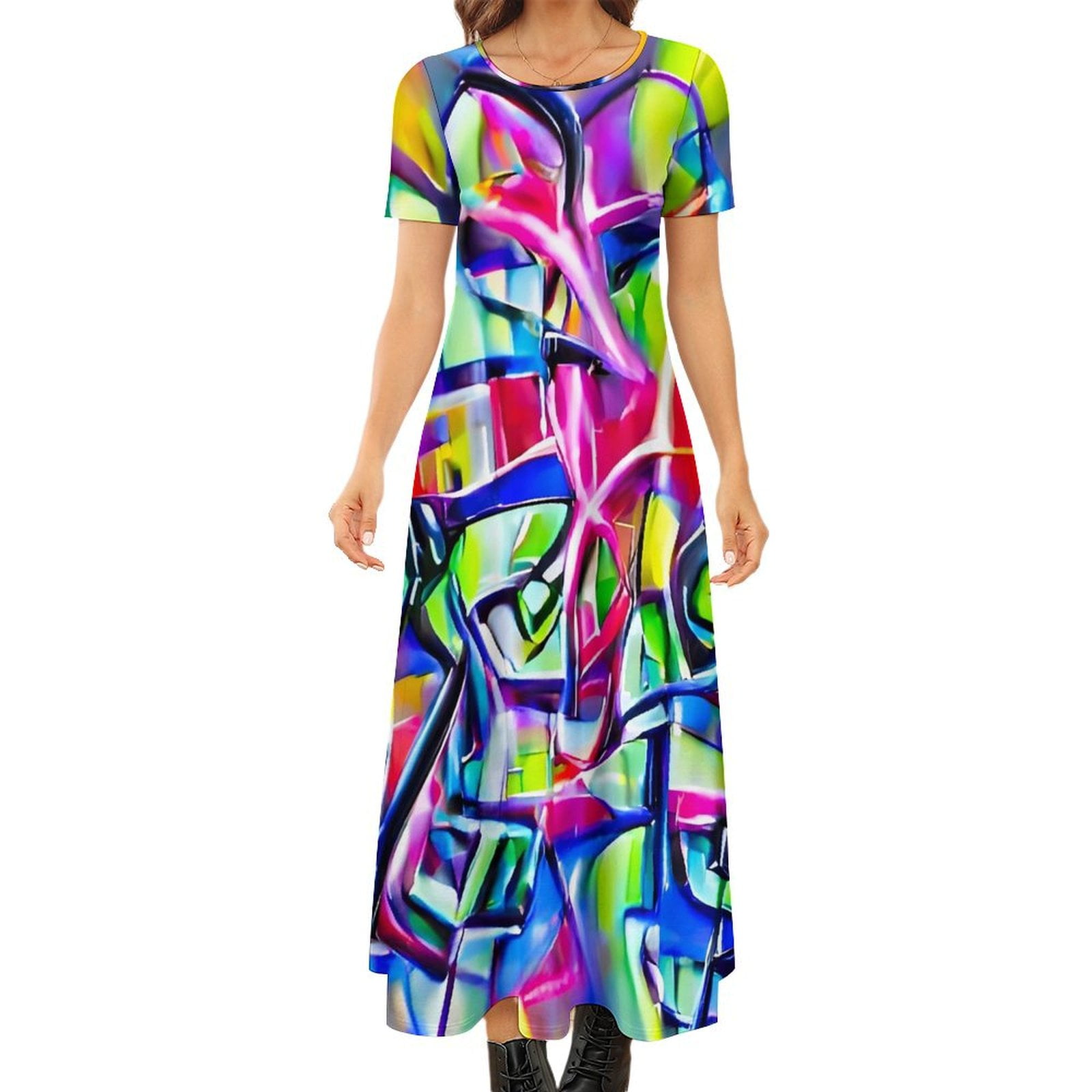 Graffiti Inspired Dress Colorful Letter Print Retro Maxi Dress Street ...