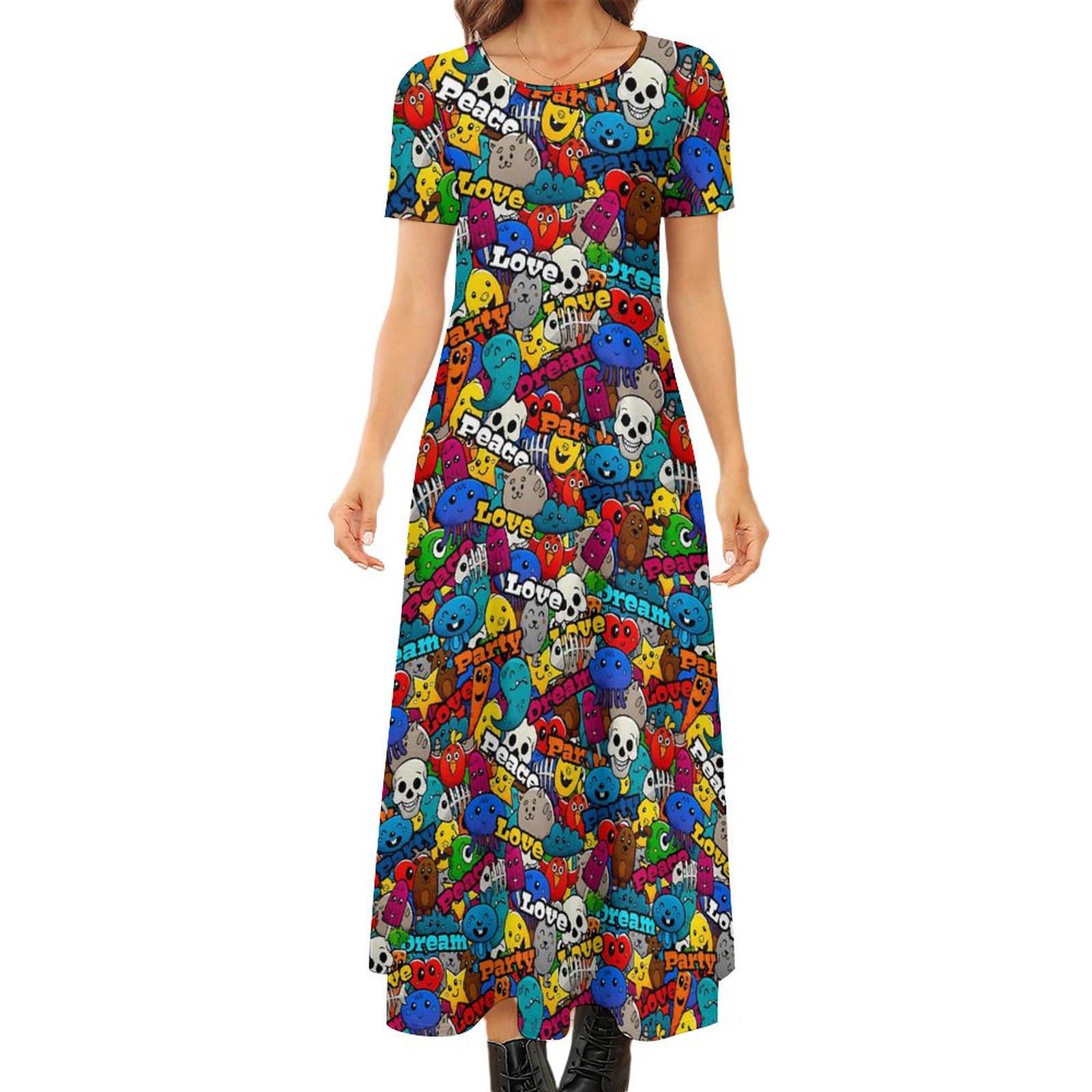 Graffiti Inspired Dress Colorful Letter Print Retro Maxi Dress Street ...