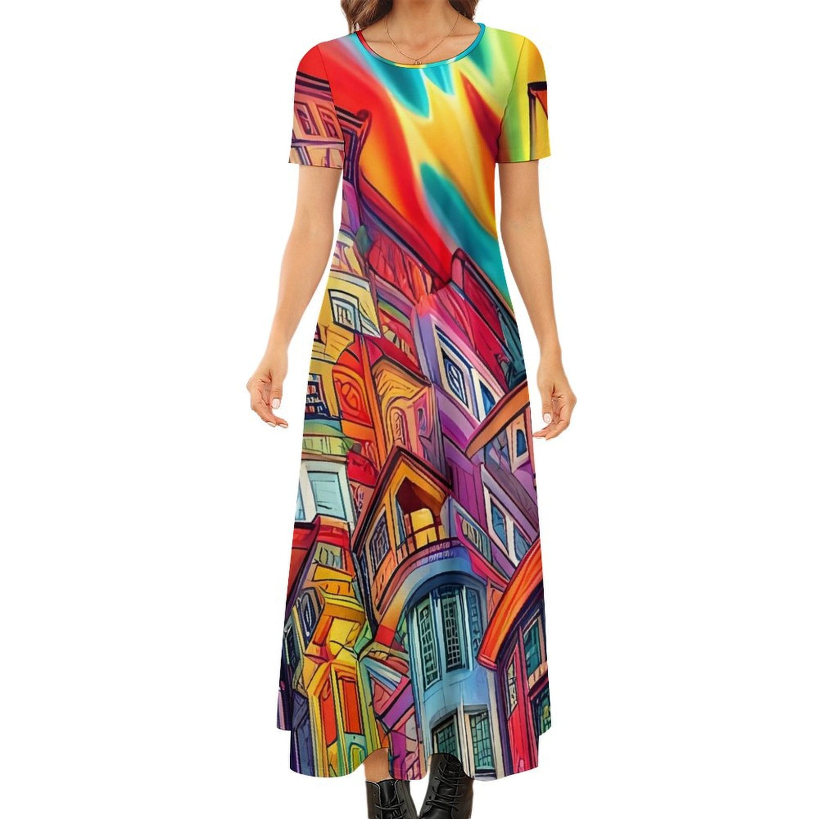Graffiti Inspired Dress Colorful Letter Print Retro Maxi Dress Street ...