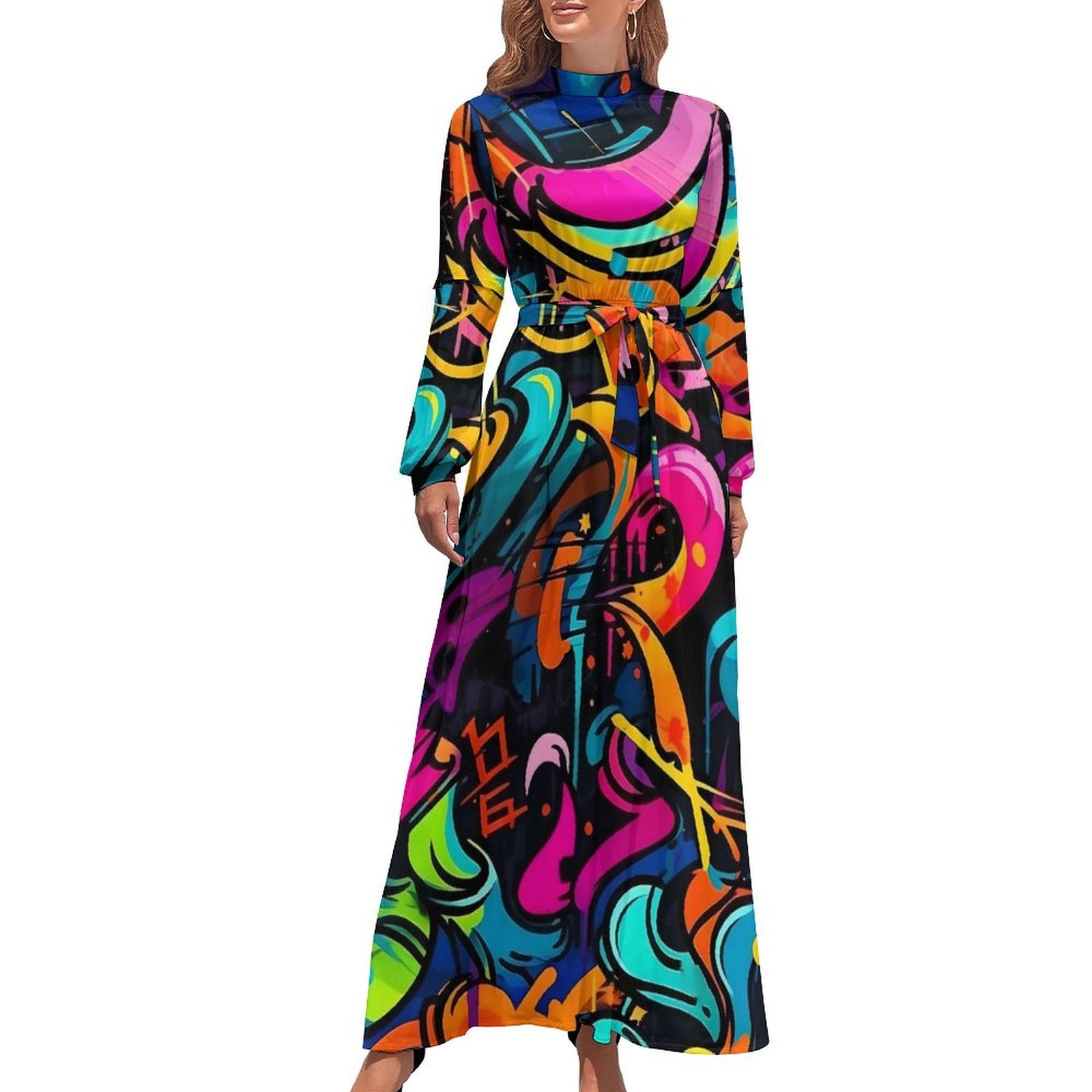 Graffiti Print Dress Black Brush Elegant Maxi Dress Stylish Beach Long ...