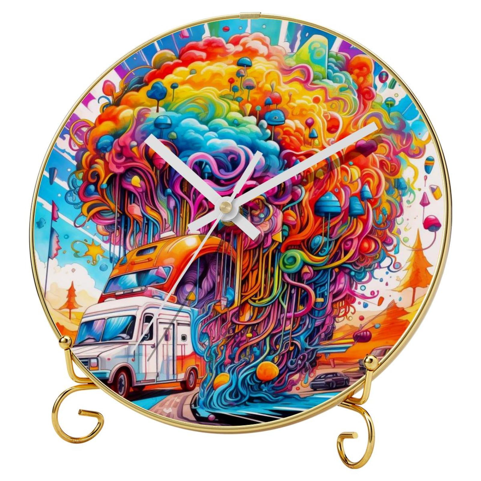 Graffiti Round Printed Wall Clock with Hooks and Gold Stand - Silent ...