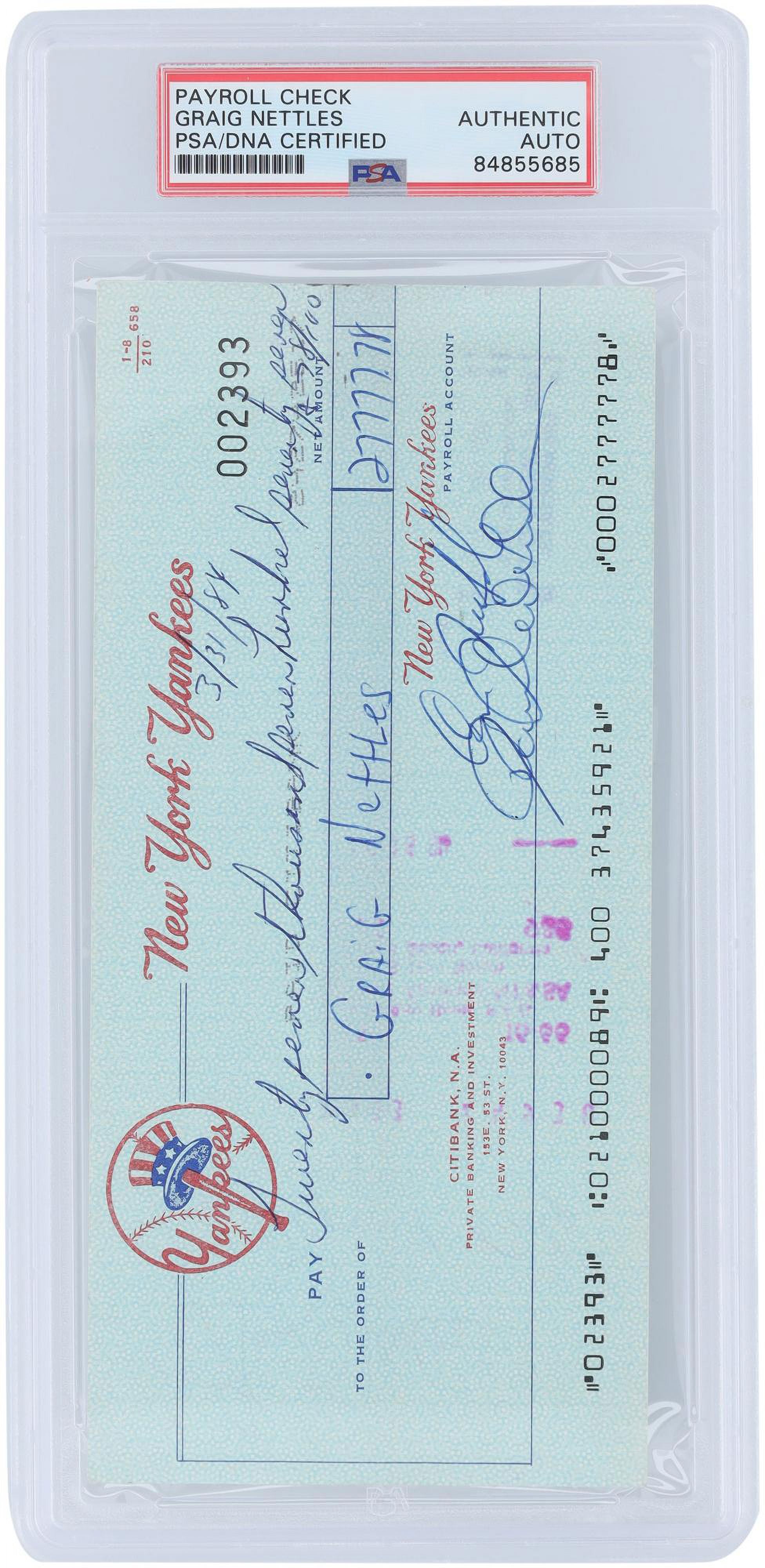 Graig Nettles New York Yankees Autographed Check from March 31, 1984 ...
