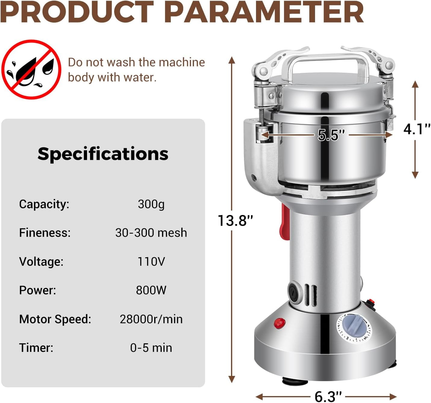Grain Mill 300g Commercial Spice Grinder Electric 1200W Stainless Steel ...