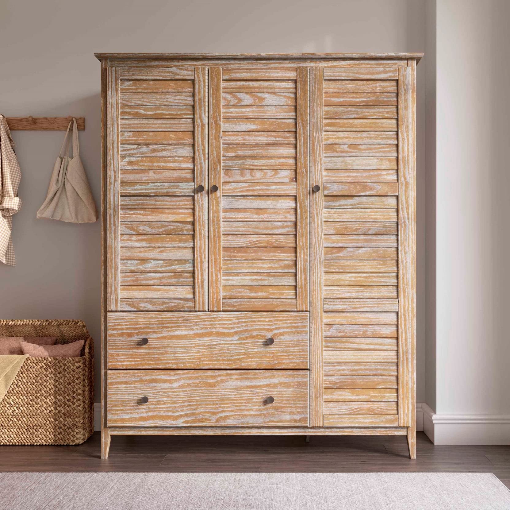 Grain Wood Furniture Greenport 3-Door Wardrobe, Solid Wood with Brushed ...