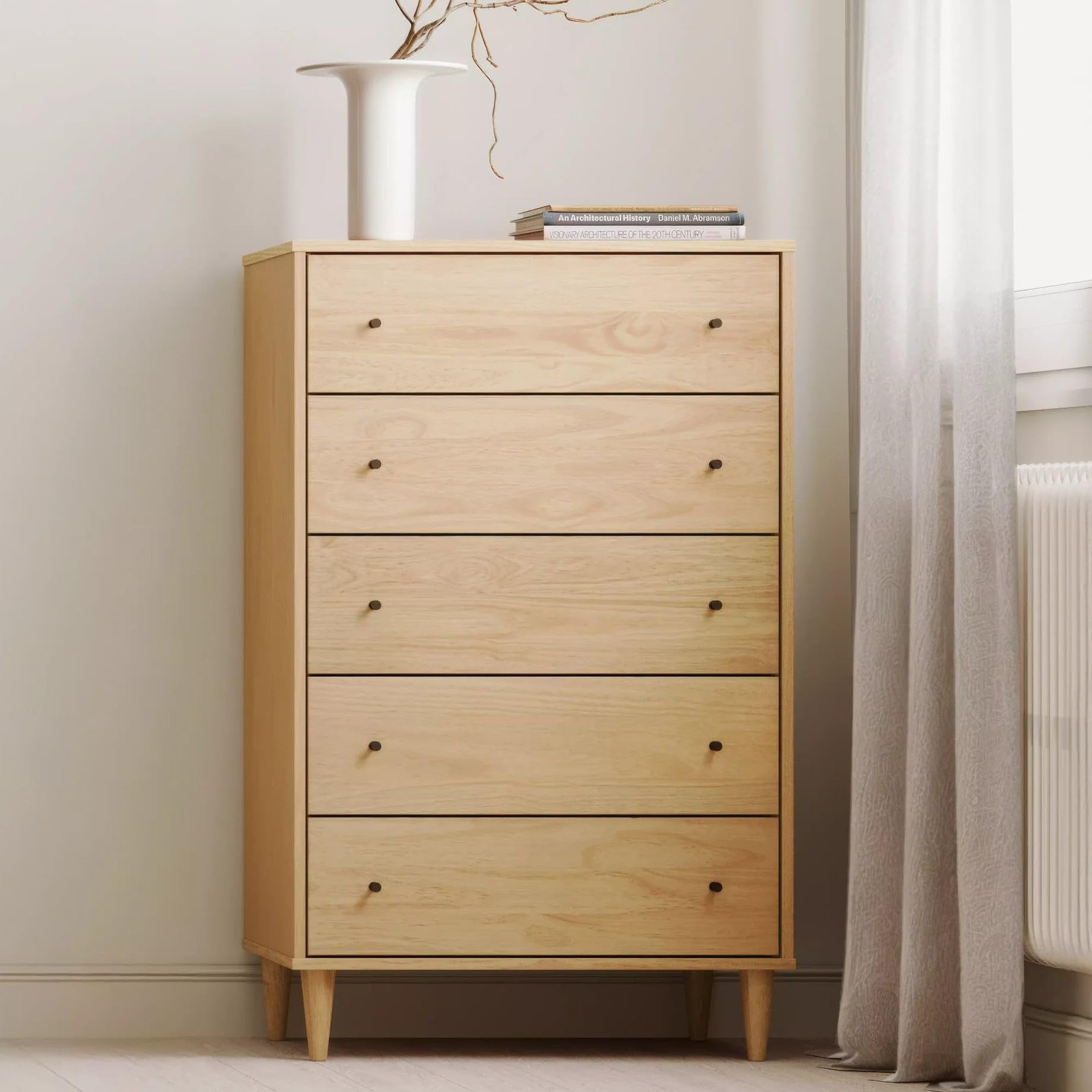Grain Wood Furniture Solid Wood Mid Century 5-Drawer Chest, with a ...