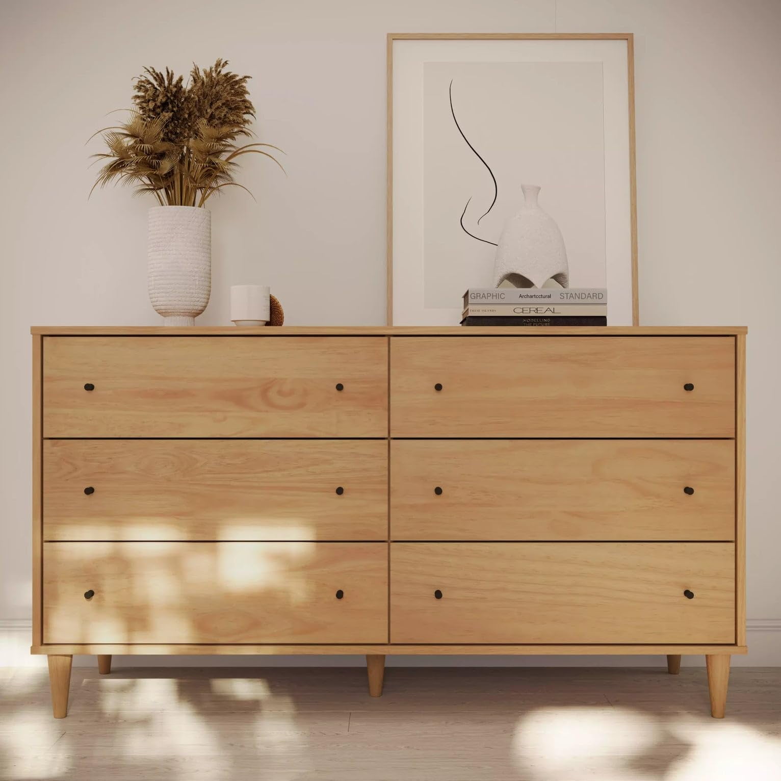 Grain Wood Furniture Solid Wood Mid Century 6-Drawer Dresser, with a ...