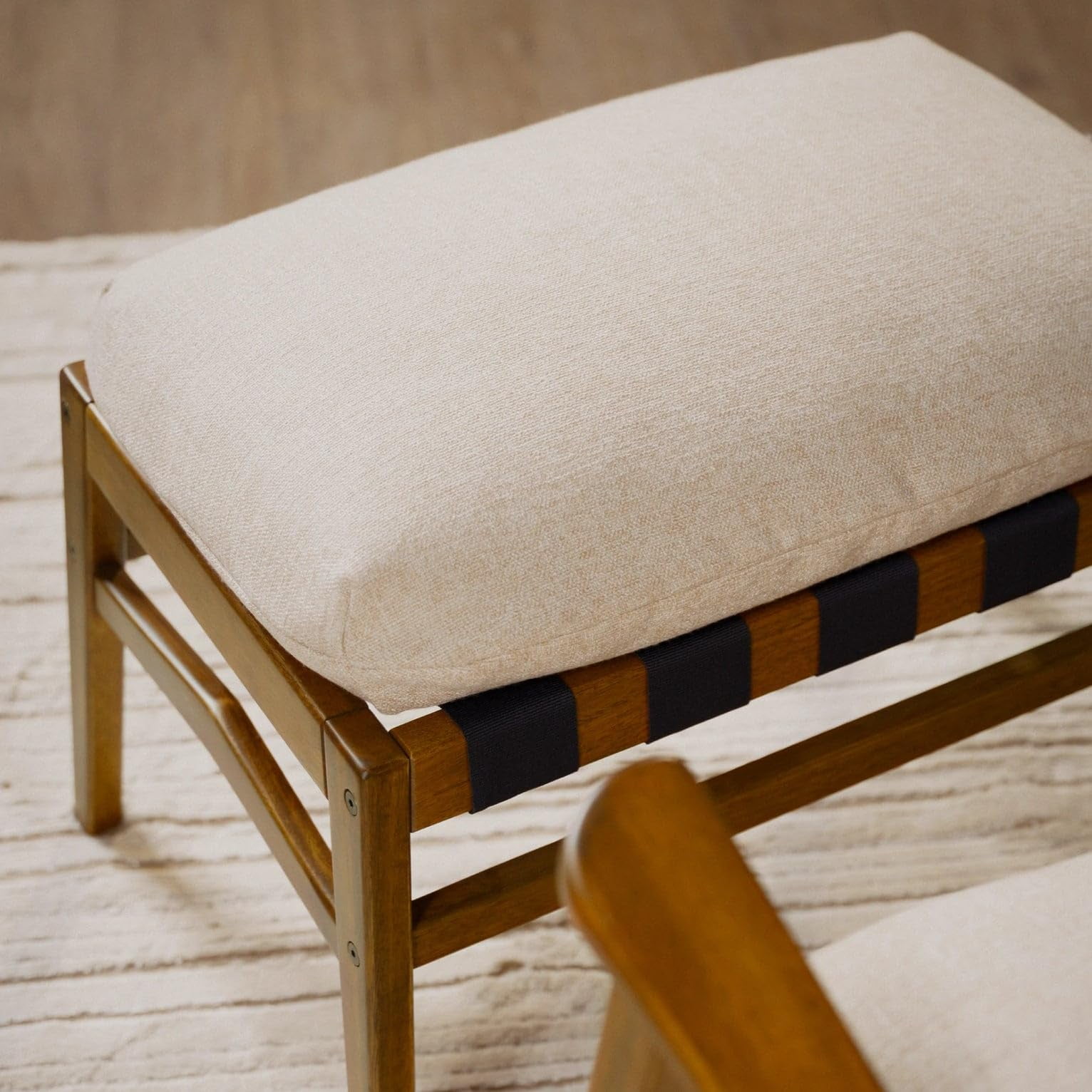 Grain Wood Furniture Solid Wood Mid Century Ottoman with Beige Cushion ...