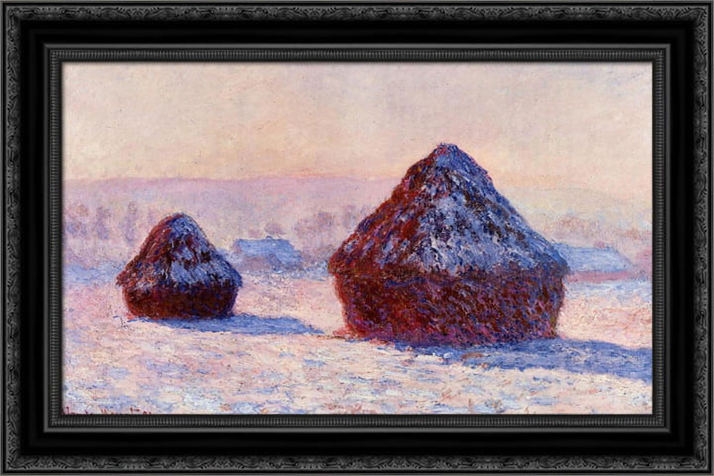 Grainstacks in the Morning, Snow Effect 24x19 Black Ornate Wood Framed ...
