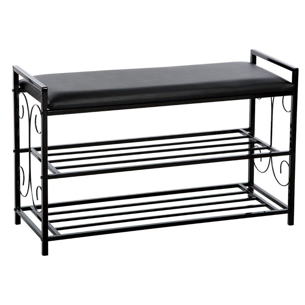 Gramercy Black Metal Shoe Bench with Padded Seat 3 Tier Entryway ...