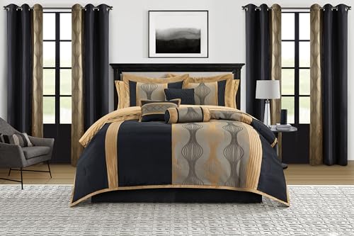 Grand Avenue Elegant Black and Gold Comforter Set Queen Size, Striped ...