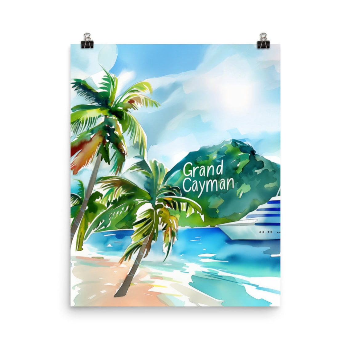 Grand Cayman Print, Tropical Caribbean Beach Wall Art With Cruise Ship ...