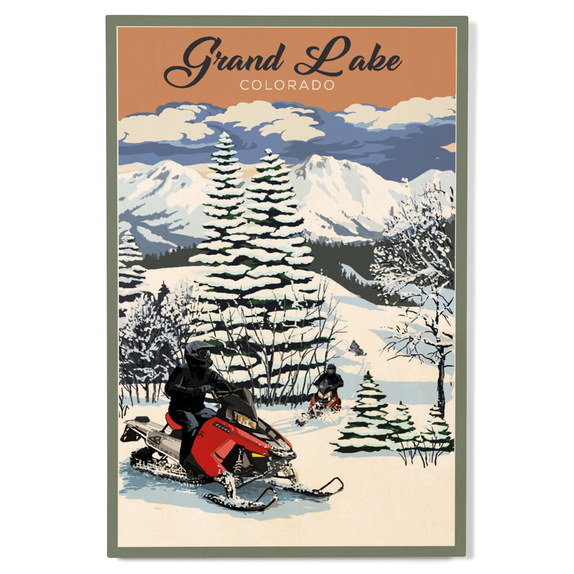 Grand Lake, Colorado, Snowmobile Scene Birch Wood Wall Sign (12x18 ...
