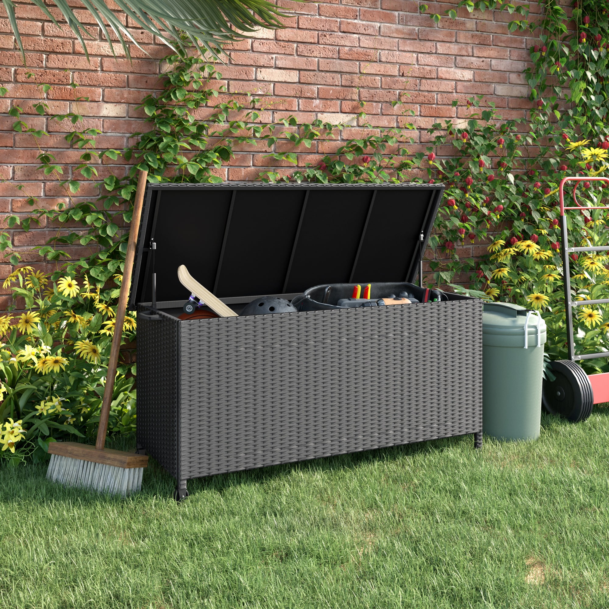 GRAND PATIO Outdoor Wicker Storage Box, 108 Gallon, Black, Wheels and ...