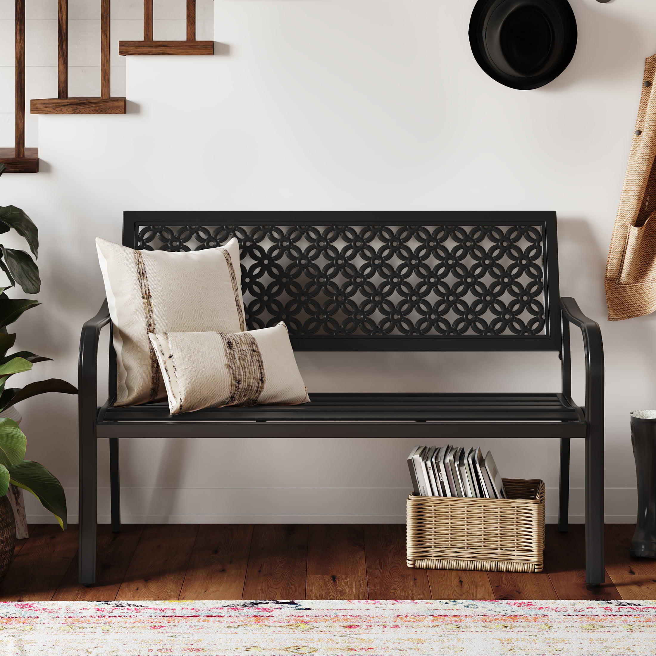 Grand Patio Modern Metal Bench, Black - Iron Exterior Garden Furniture ...