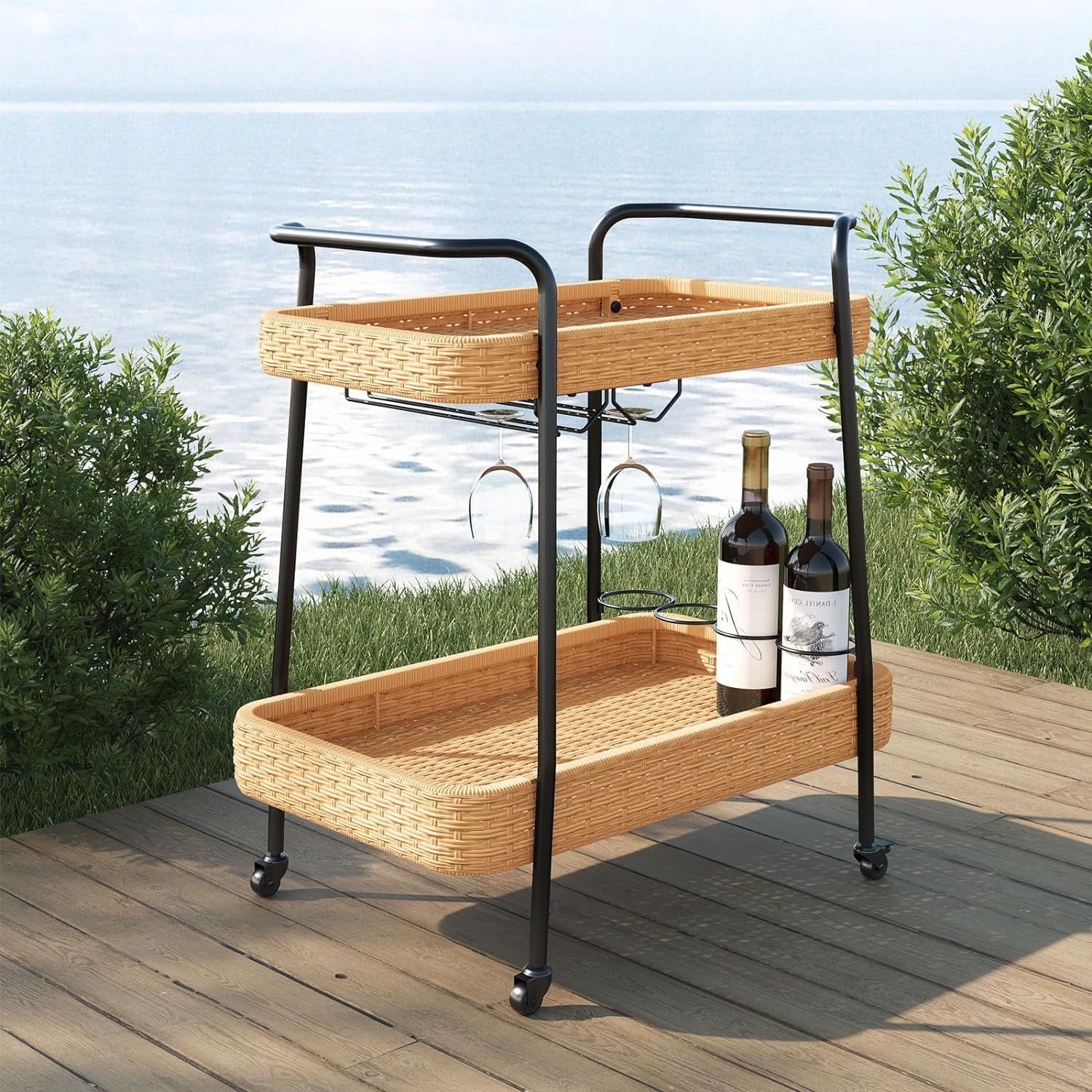 Grand Patio 2-Tier Wicker Rolling Bar Cart, Outdoor & Indoor Serving ...