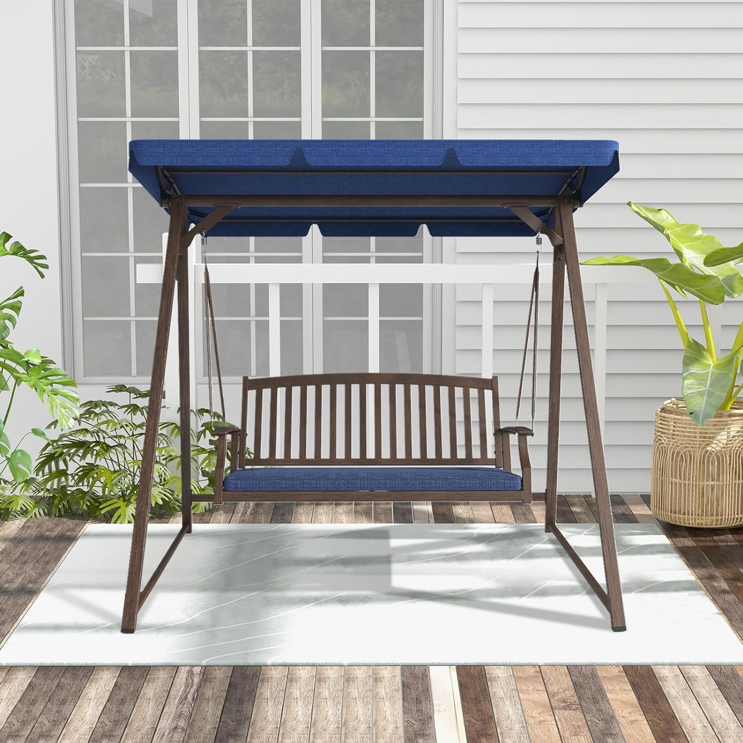 Grand Patio 2-Seat Swing Chair, Adjustable Canopy, Cushion, Dark Blue ...