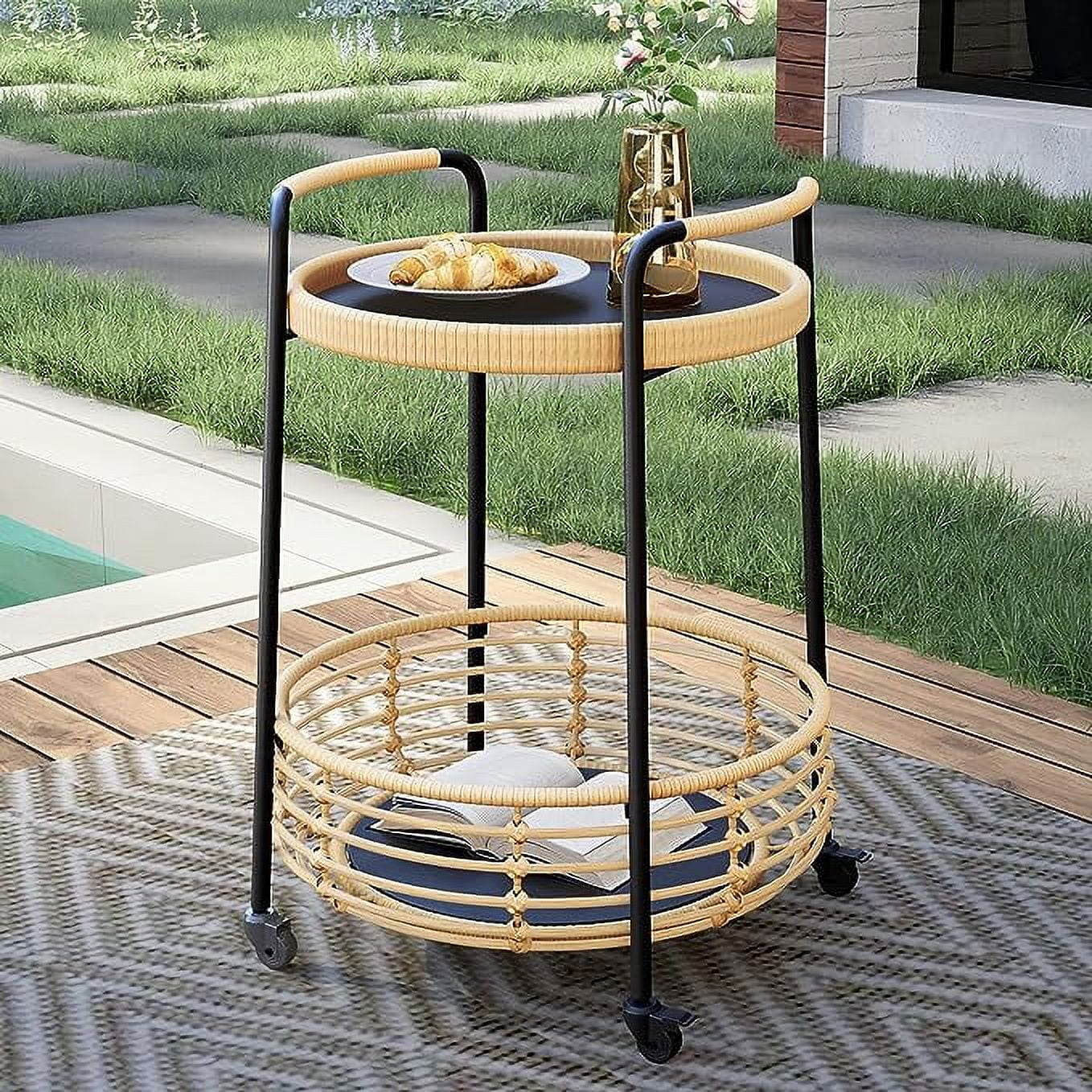 Grand Patio Garden Outside 2-Tier Wicker Side Table with Wheels, Round ...