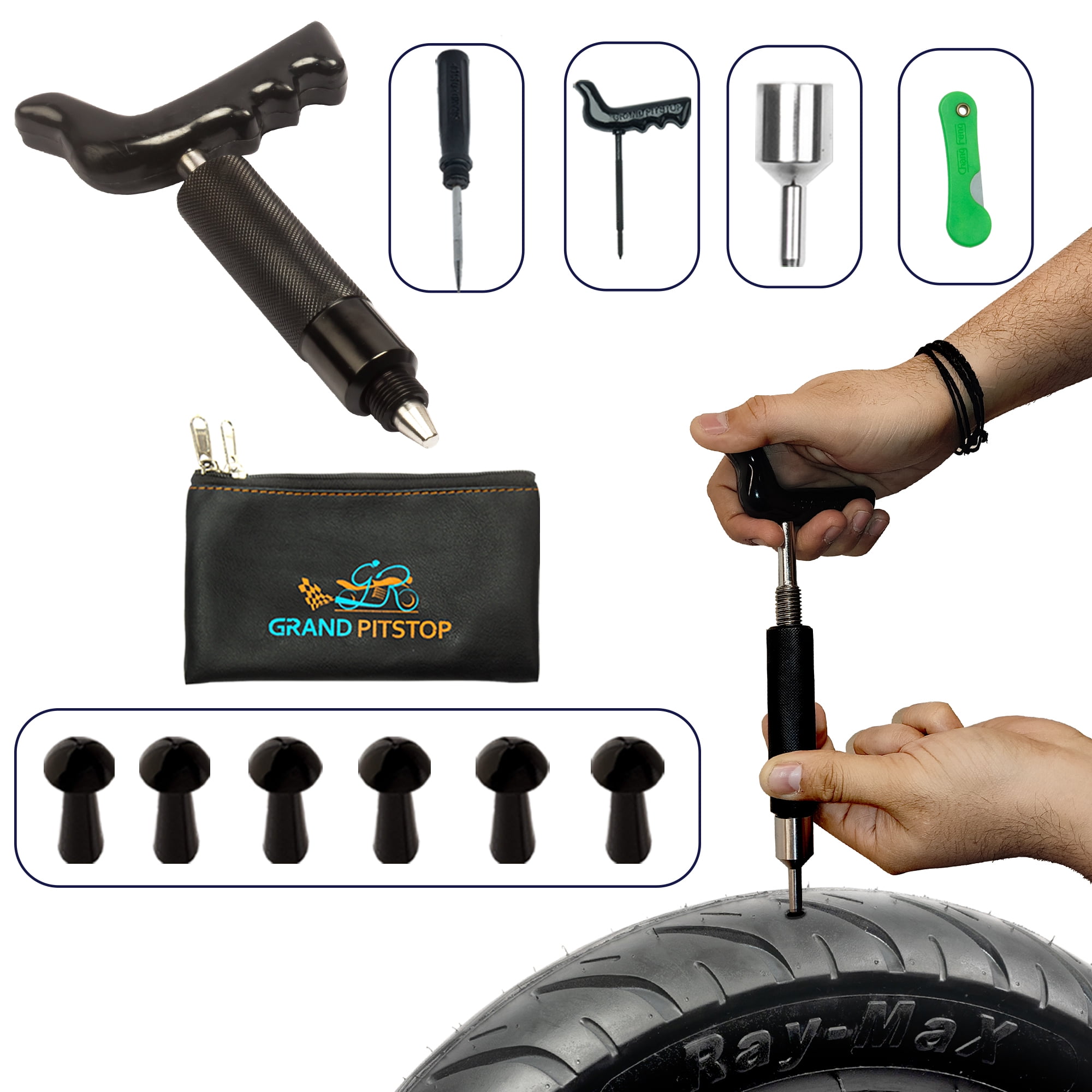 Grand Pitstop Tubeless Tire Puncture Repair Kit for Motorcycle and Cars with 6 Mushroom Plugs ...