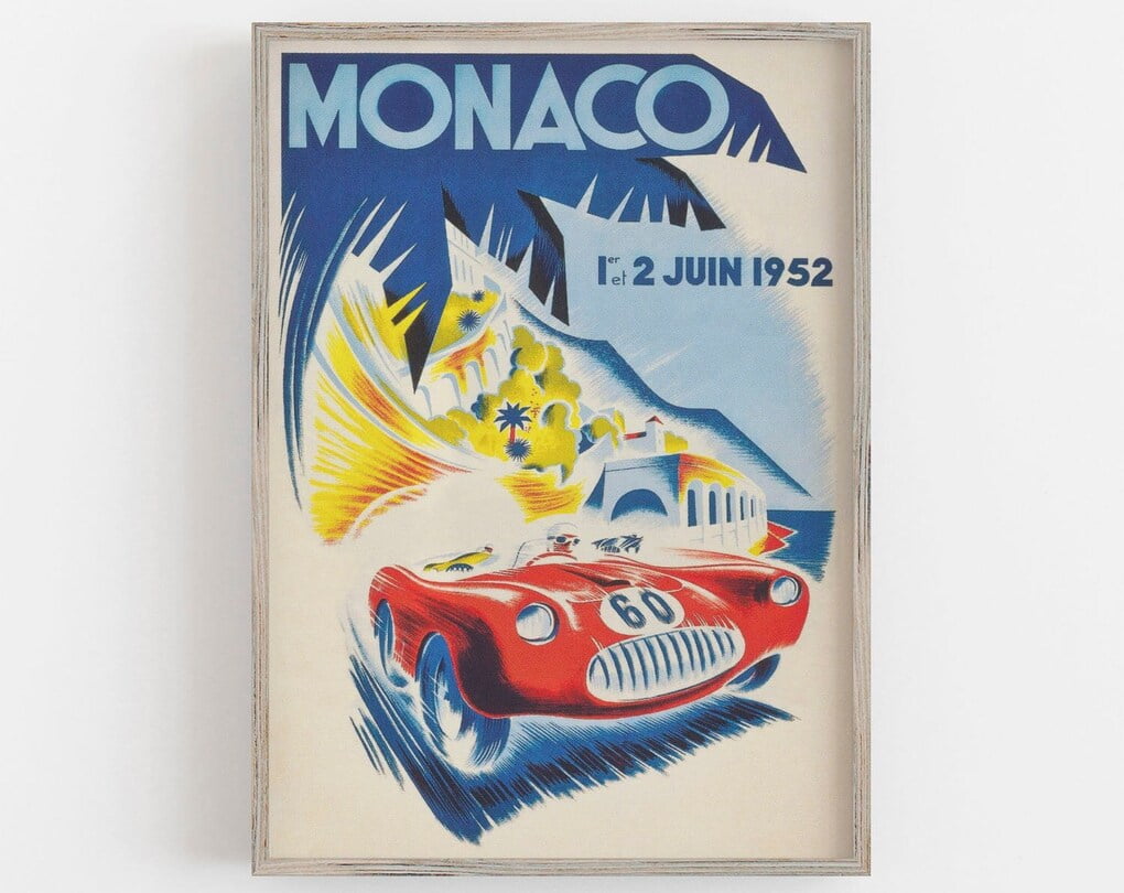 Grand Prix Print, Vintage Wall Art, Monaco Grand Prix Poster, 1952 Car ...