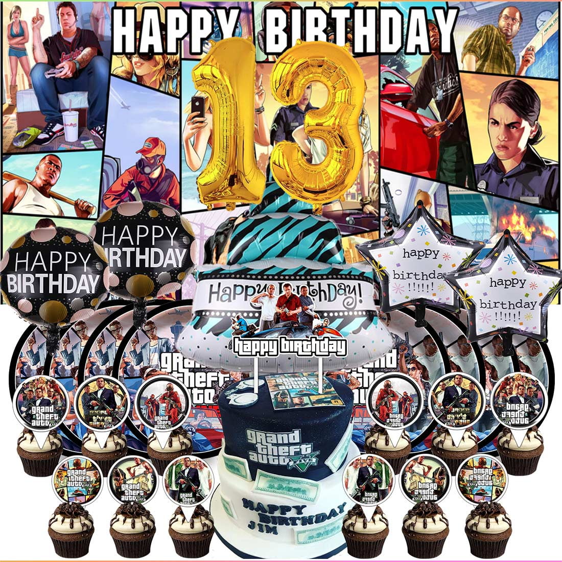 Grand Theft Auto GTA 13th Tableware Balloons Cake Toppers Backdrop ...
