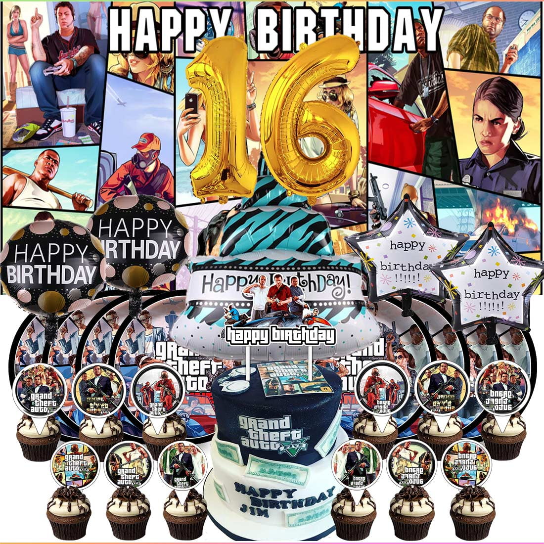 Grand Theft Auto GTA 16th Tableware Balloons Cake Toppers Backdrop ...