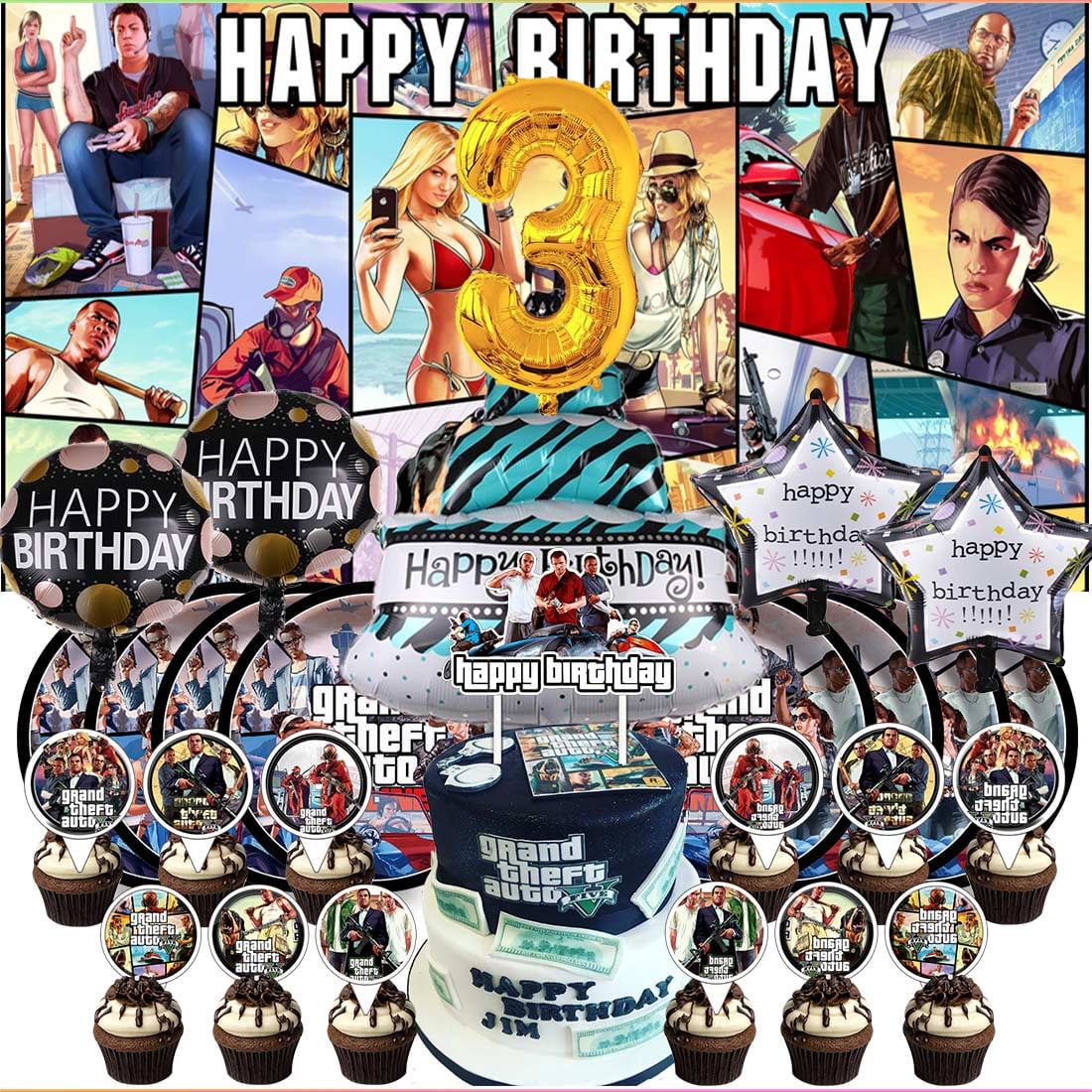 Grand Theft Auto GTA 3rd Tableware Balloons Cake Toppers Backdrop ...