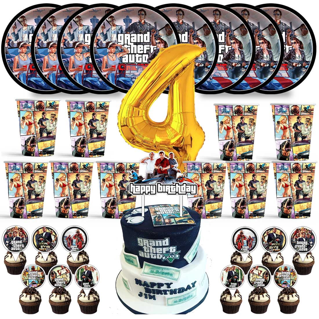 Grand Theft Auto GTA Birthday 4th Cups Party Supplies Plates Fans ...