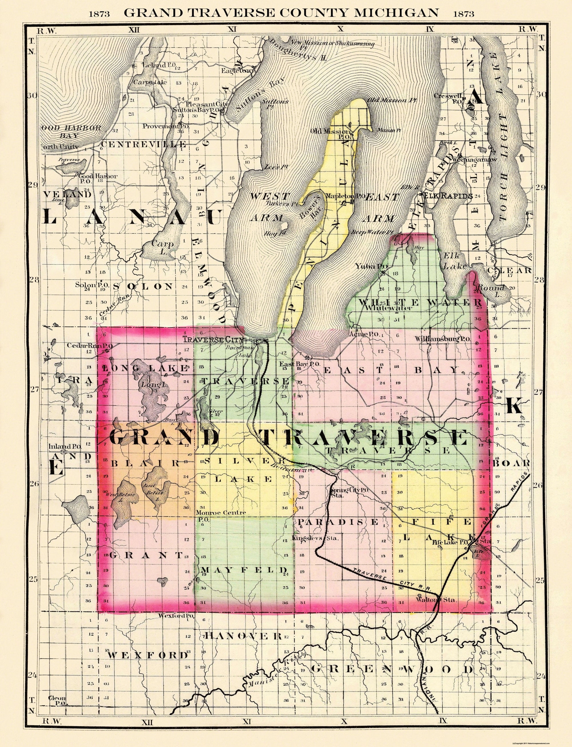 Historic County Map - Grand Traverse County Michigan - Walling 1873 ...