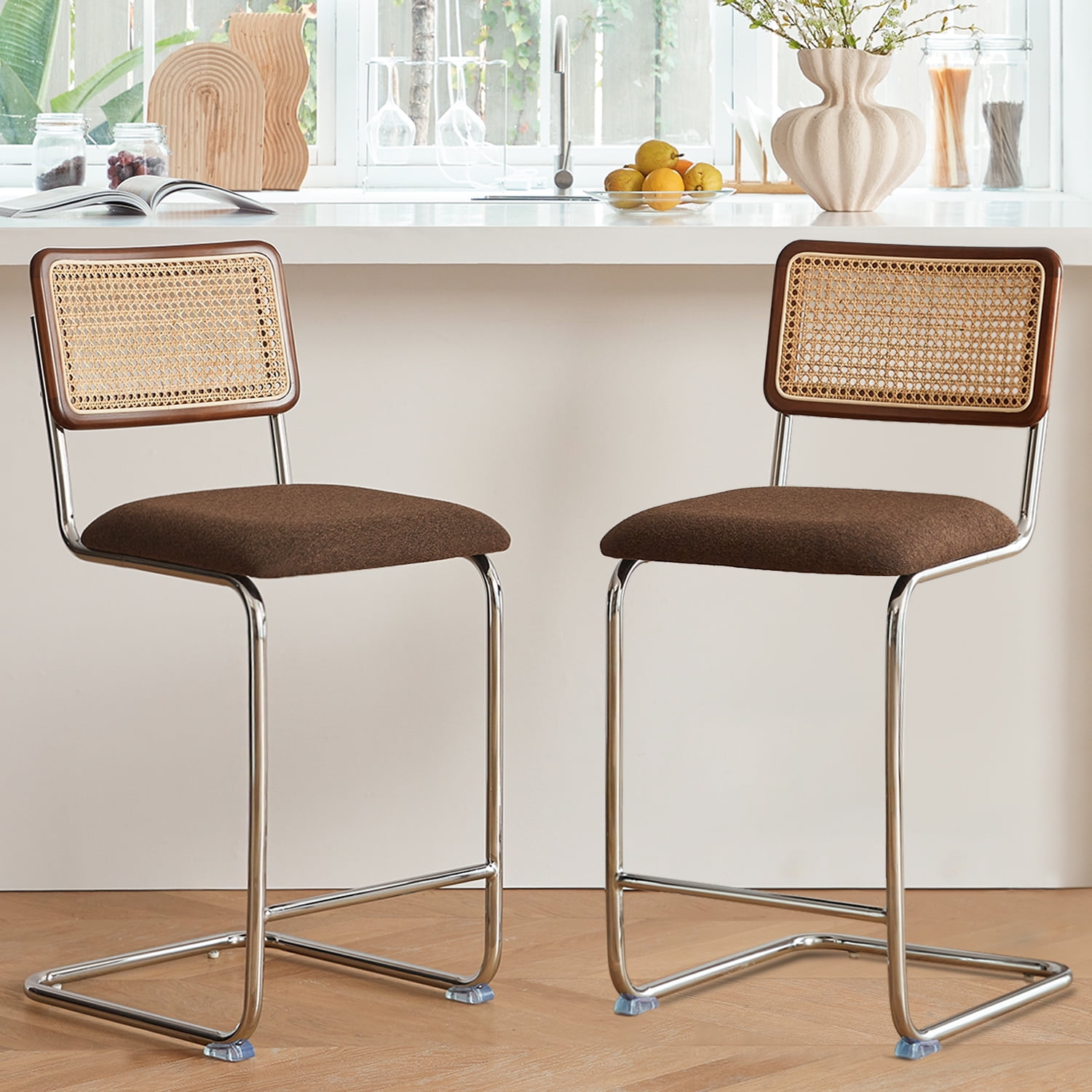 GrandNoor 24 Inch Modern Bar Stools Set of 2, Brown with Rattan Cane ...