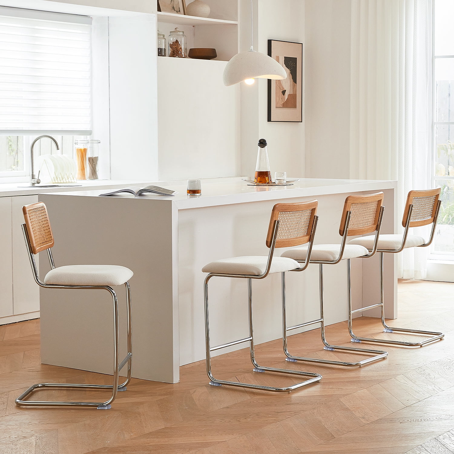 GrandNoor White Modern Counter Height Bar Stools Set of 4 with Natural ...