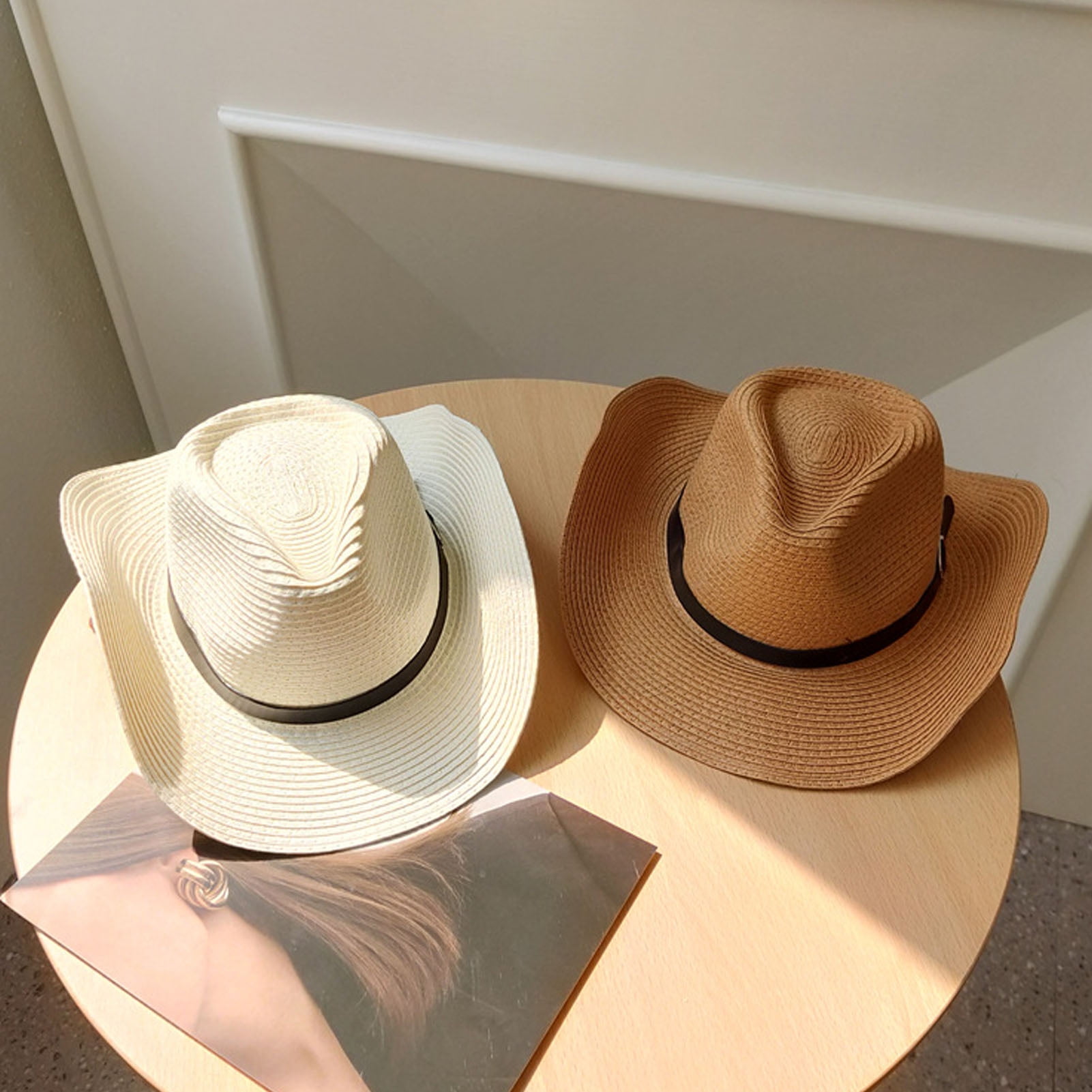Grandest Birch 2PCS Hemming Wide Brim Faux Leather Belt Decor Straw Hat Western Cowgirl Jazz Sun ...