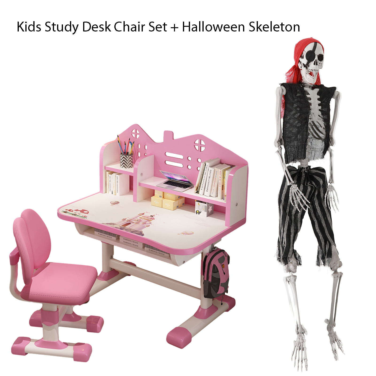 Grandest Birch Kids Study Desk Chair Set + 165cm Halloween Skeleton ...