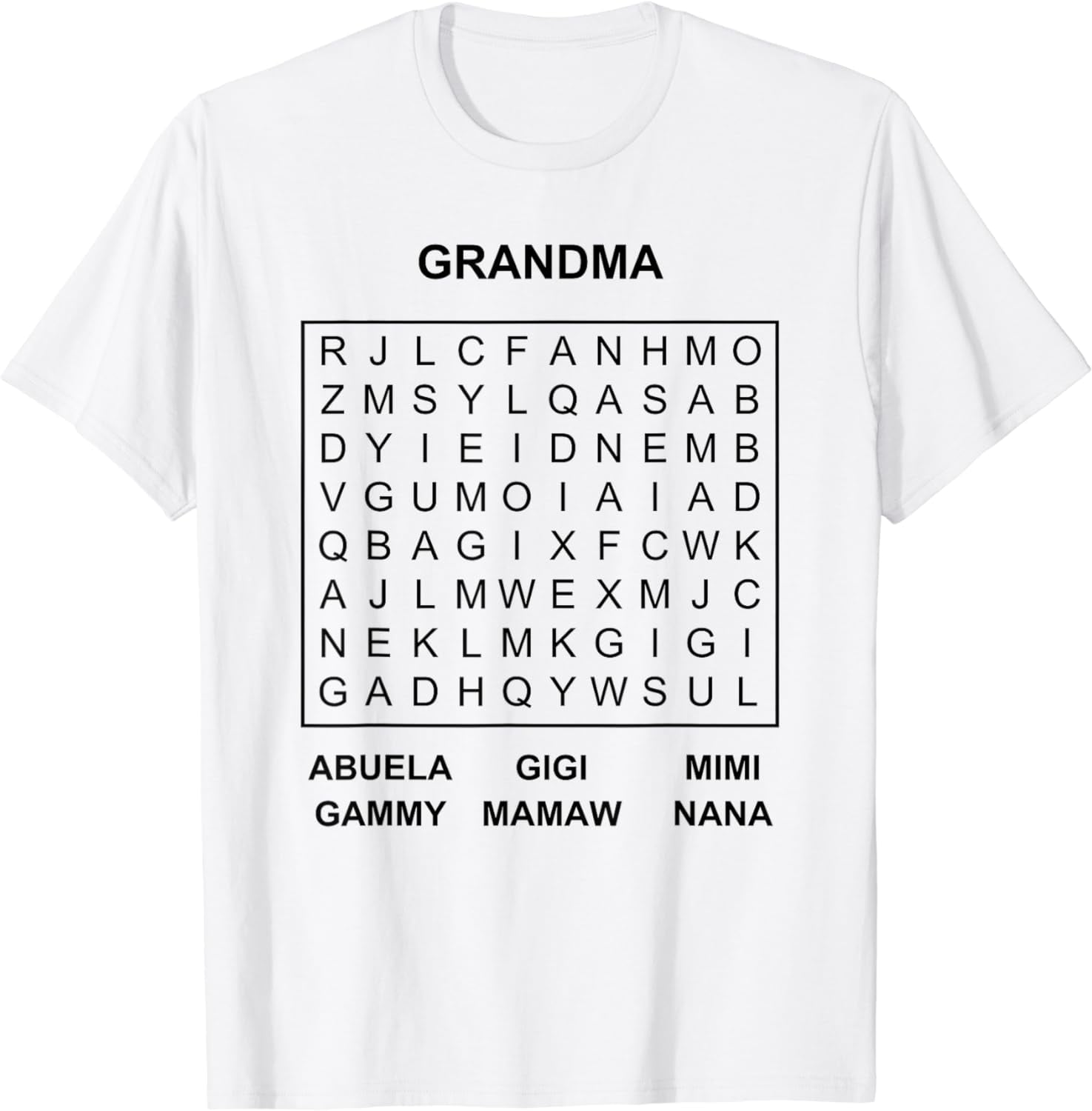Grandma Gammy Word Search Puzzle Abuela Gigi Mamaw Mimi Nana T-Shirt ...