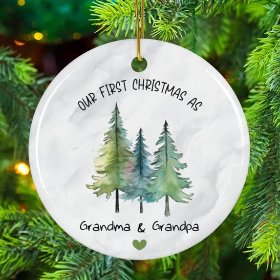 Grandma & Grandpa First Noel Ornament: Watercolor Forest Tree Ceramic ...