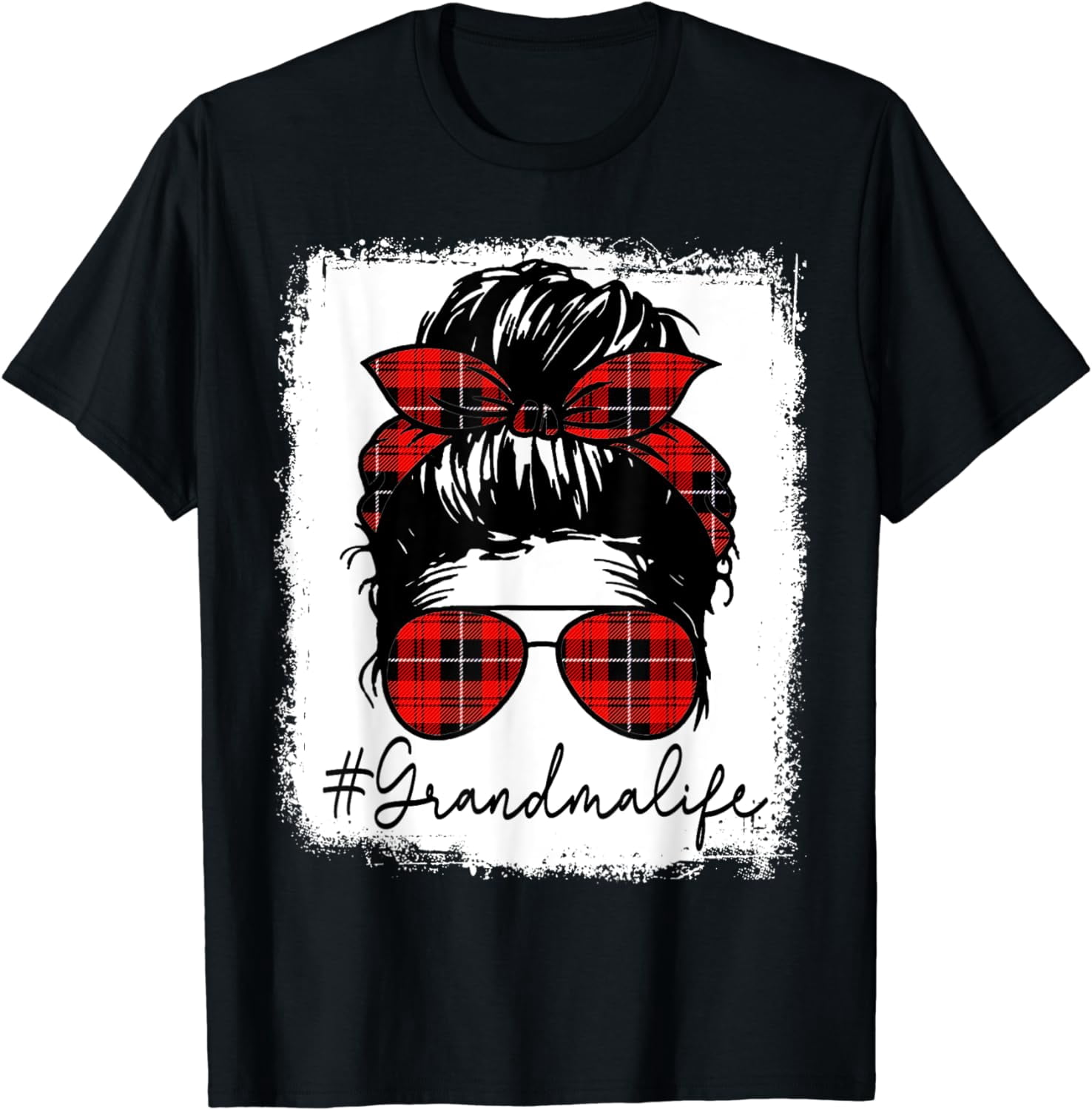 Grandma Life Shirts For Women Red Plaid Bandana Messy Bun T-Shirt ...