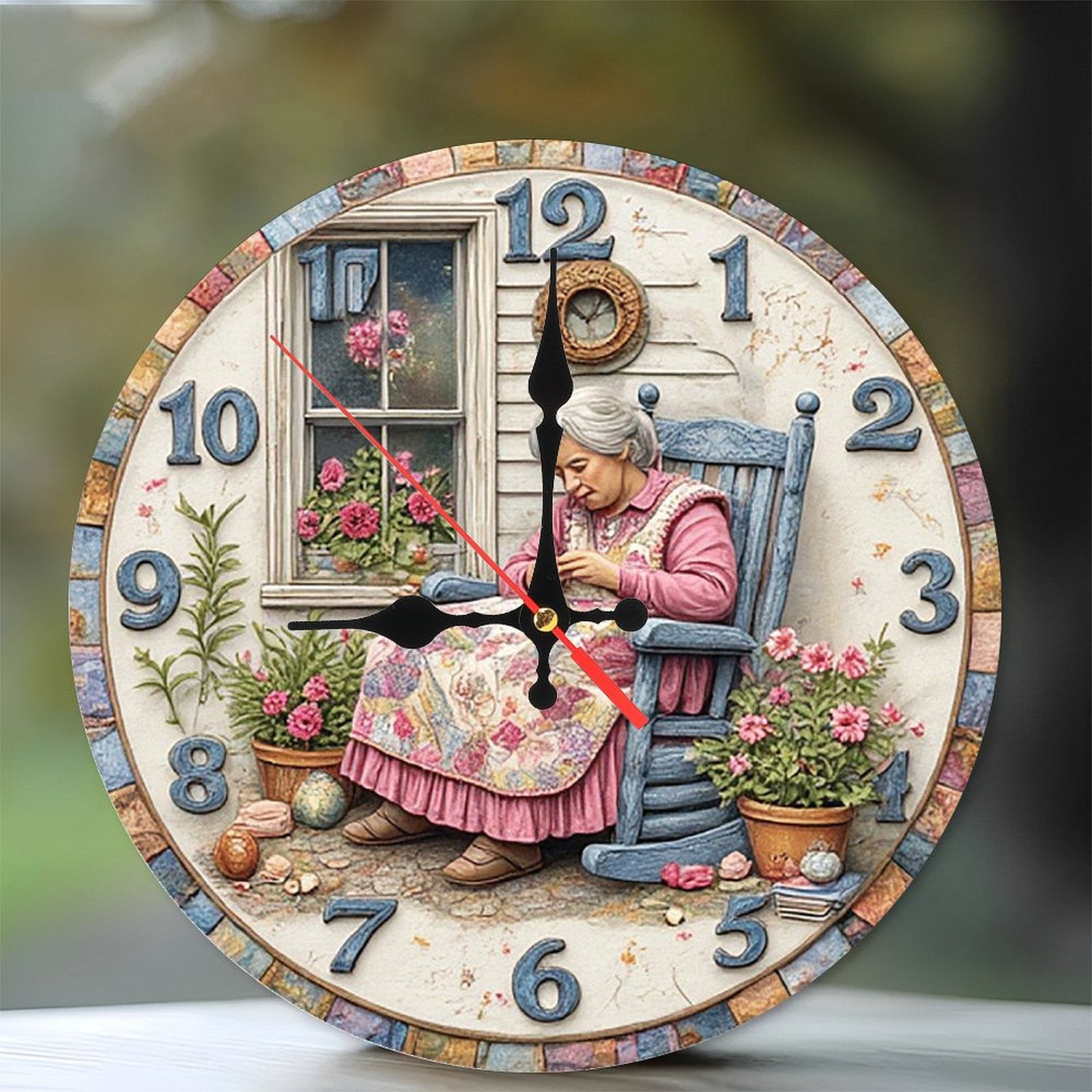 Grandma Rocking Chair Wall Clock Floral Garden Decor 10-Inch Silent ...