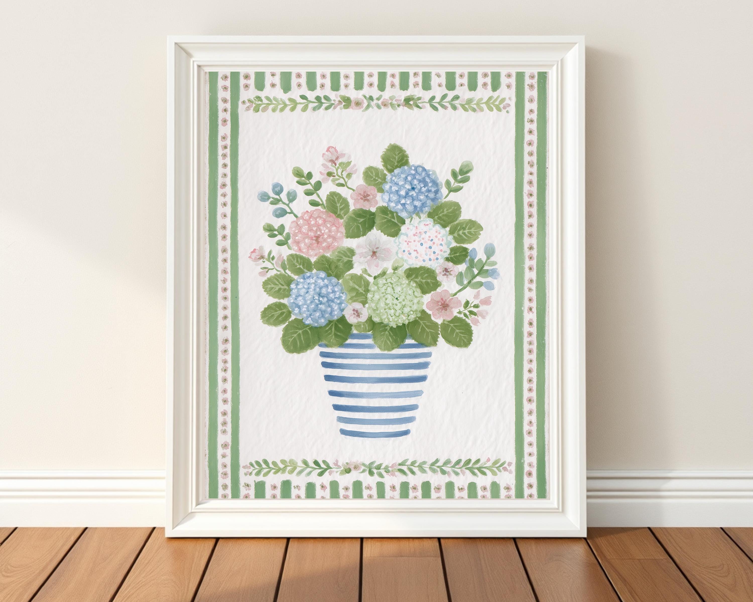 Grandmillennial Hydrangea Hand Painted Art Poster Blue Striped Vase ...