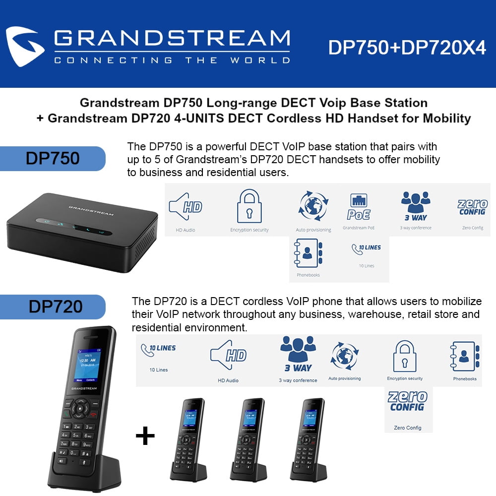 Grandstream DP750 Long-range DECT Base Station + DP720 4-UNITS DECT HD ...