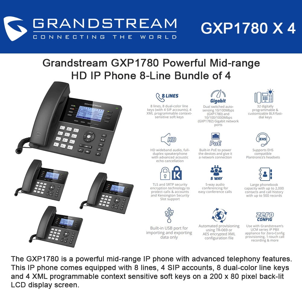 Grandstream GXP1780 Bundle of 4 Powerful Mid-range HD IP Phone 8-Line ...