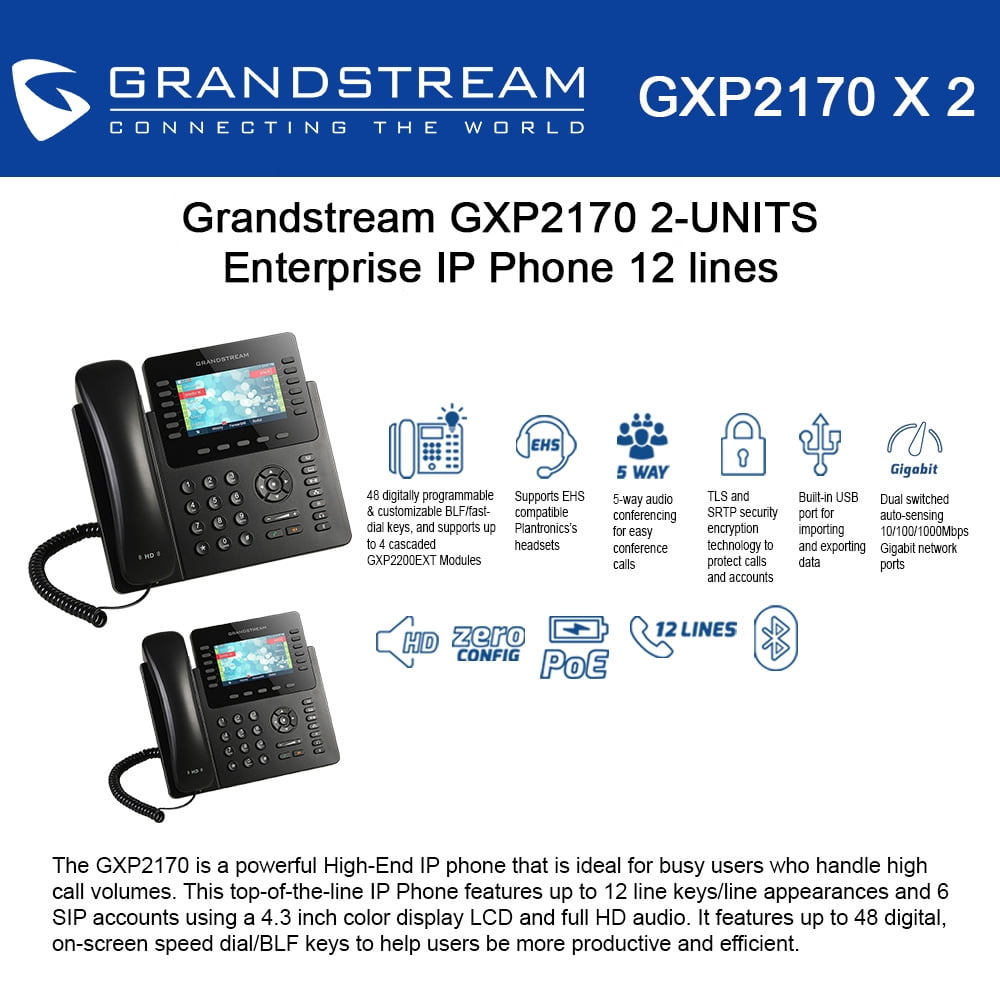 Grandstream GXP2170 IP Phone, Wired/Wireless, Bluetooth, Wall Mountable ...