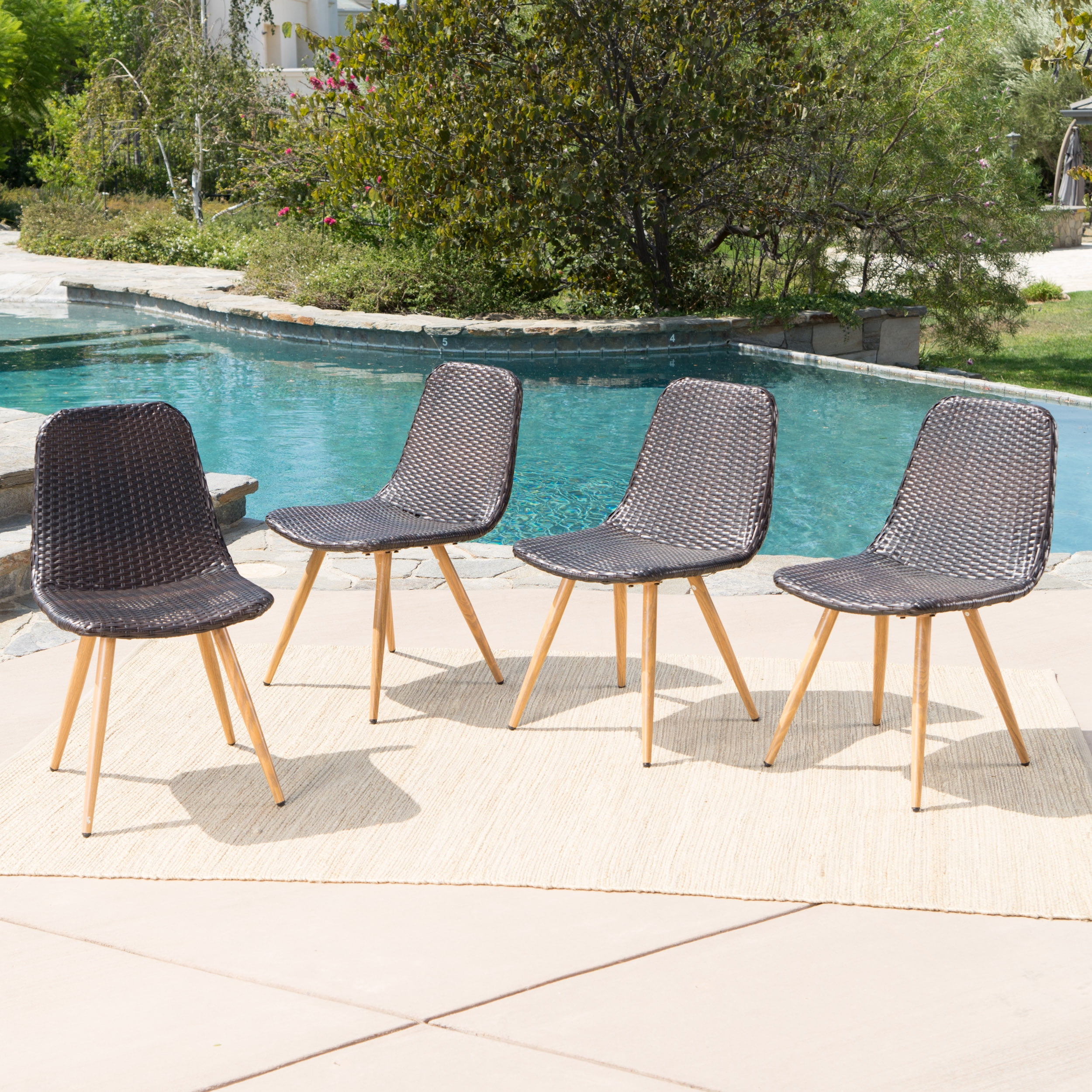 Grandview Outdoor Wicker Dining Chairs with Light Brown Wood Finished ...