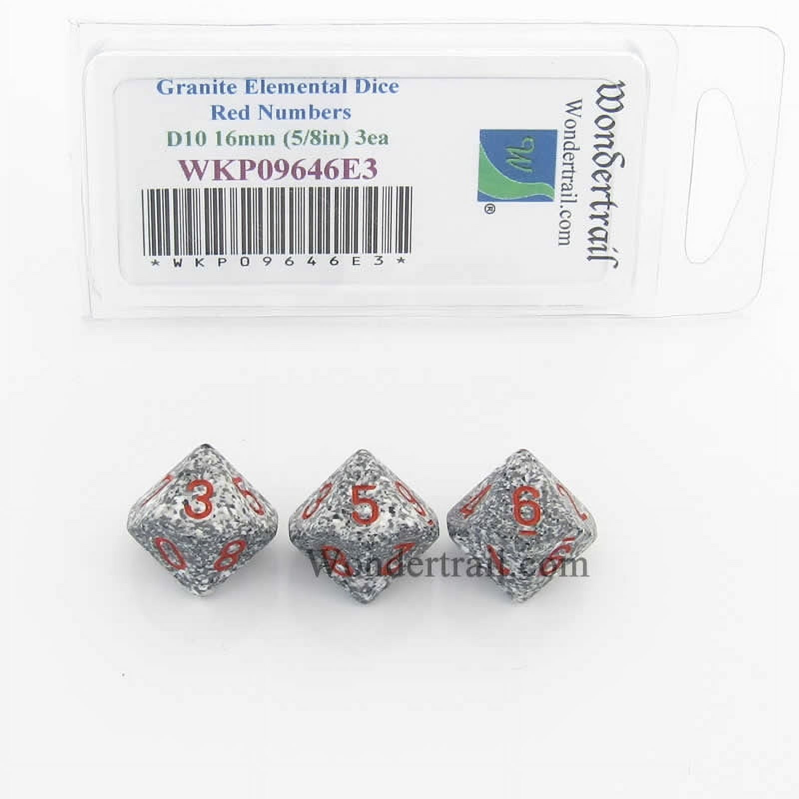 Granite Elemental Dice with Red Numbers D10 16mm (5/8in) Pack of 3 ...
