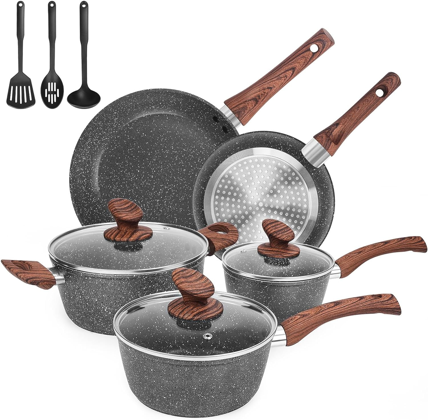 Granite Pots and Pans Set Ultra Nonstick, 11 Piece Die-Cast Cookware ...